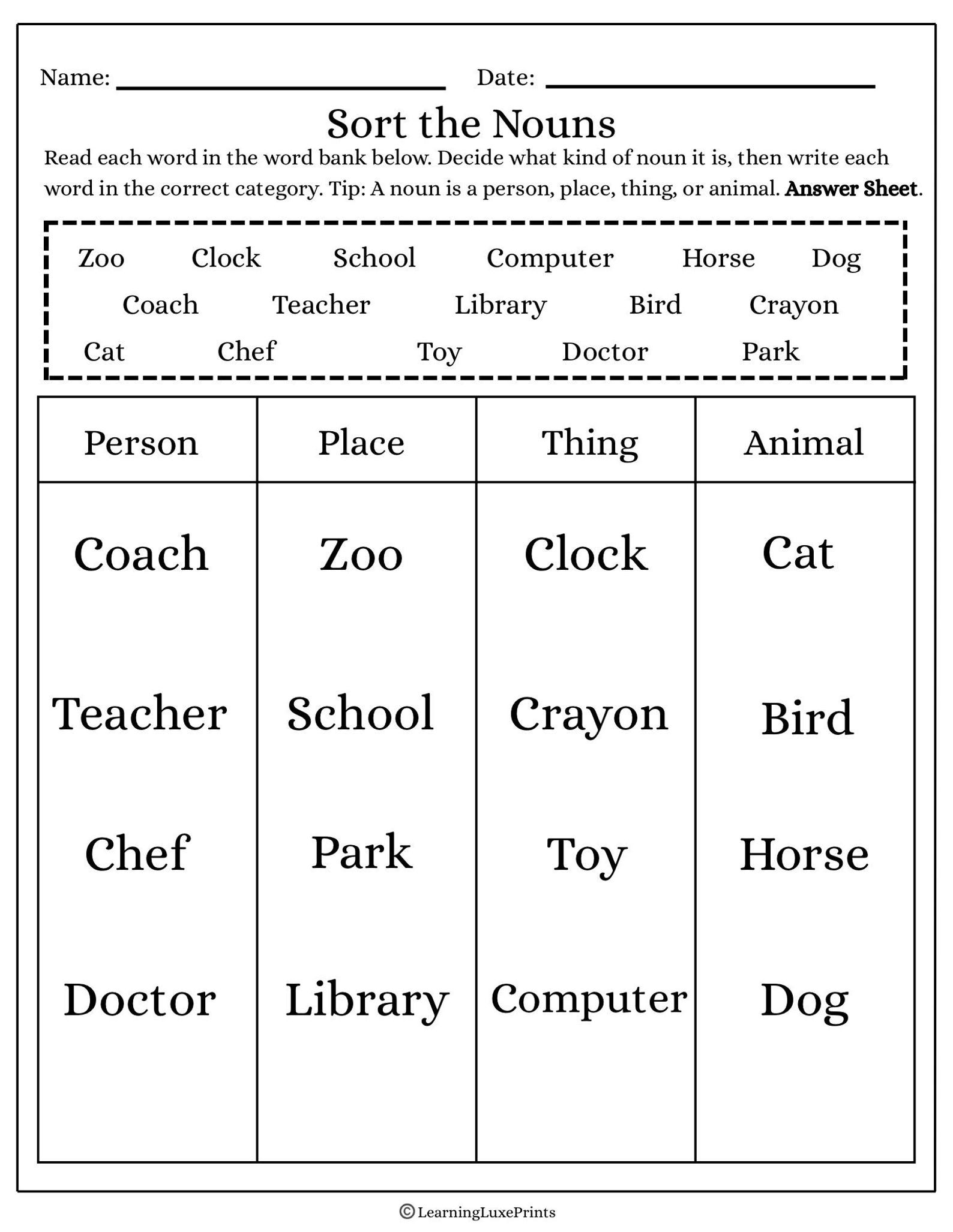 Sort the Nouns Worksheet / Grammar Sorting Activity - Etsy