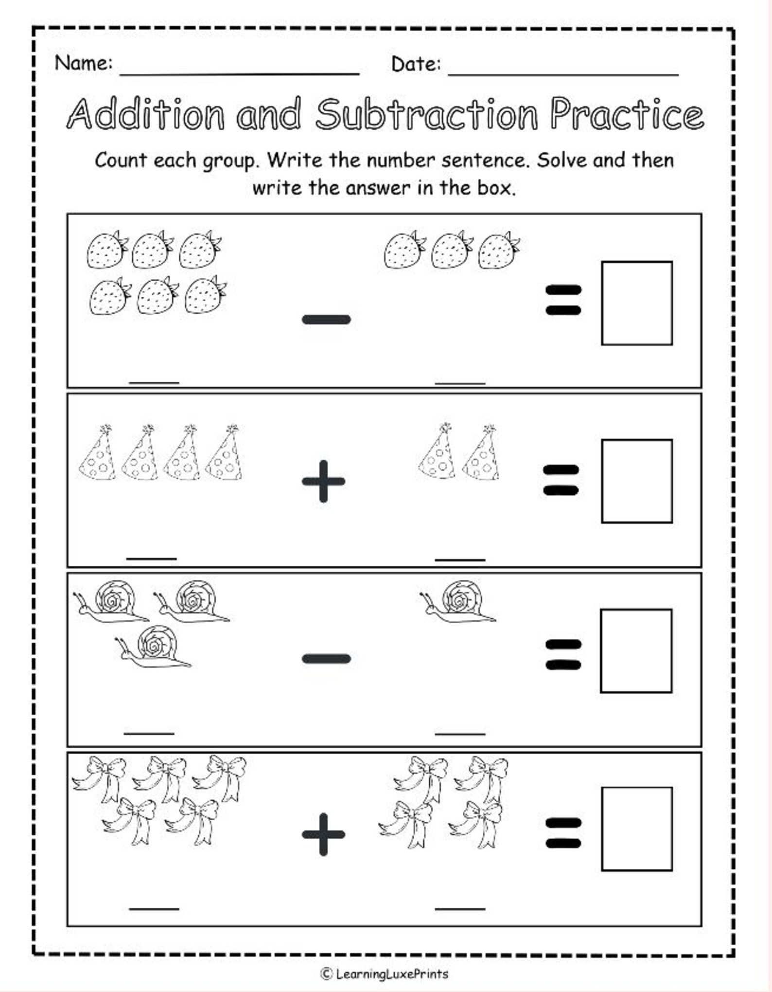 Addition & Subtraction Worksheets: Math Practice, Number Line, Picture ...