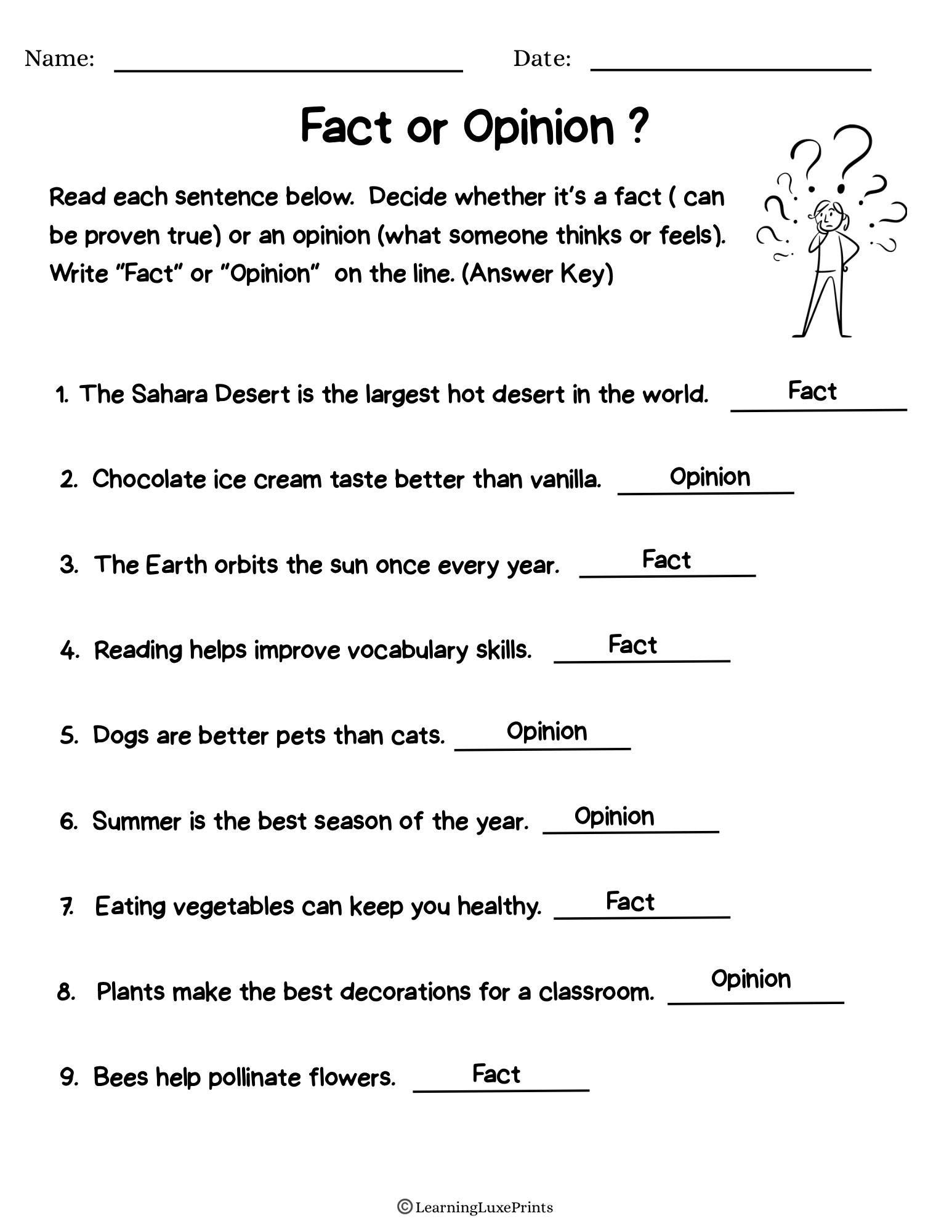Fact or Opinion Worksheet/reading & Critical Thinking Activity/ ELA ...