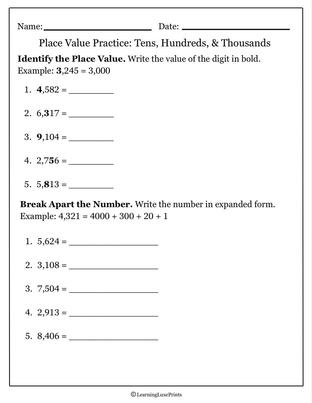 Place Value Worksheet Bundle/tens, Hundreds, Thousands Practice/ Math ...