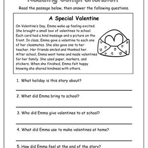 Valentine's Day Reading Comprehension Worksheet (PDF) - Etsy