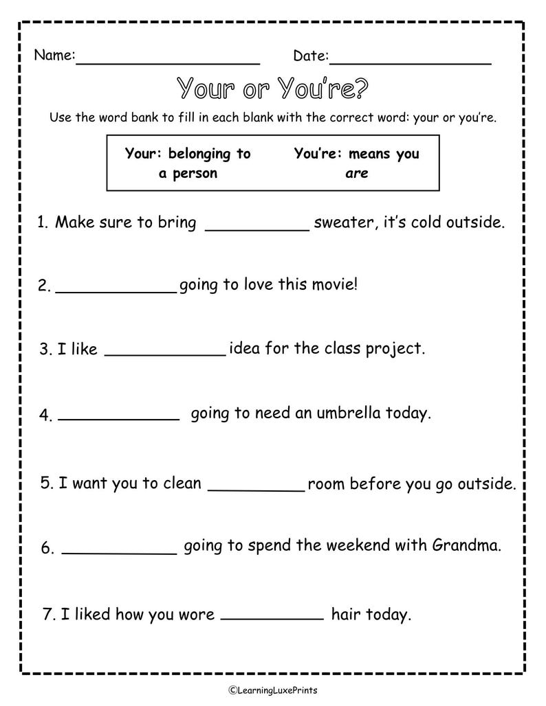 Your Vs You're Grammar Worksheet Pack/ 3-page ELA Printable for Kids ...