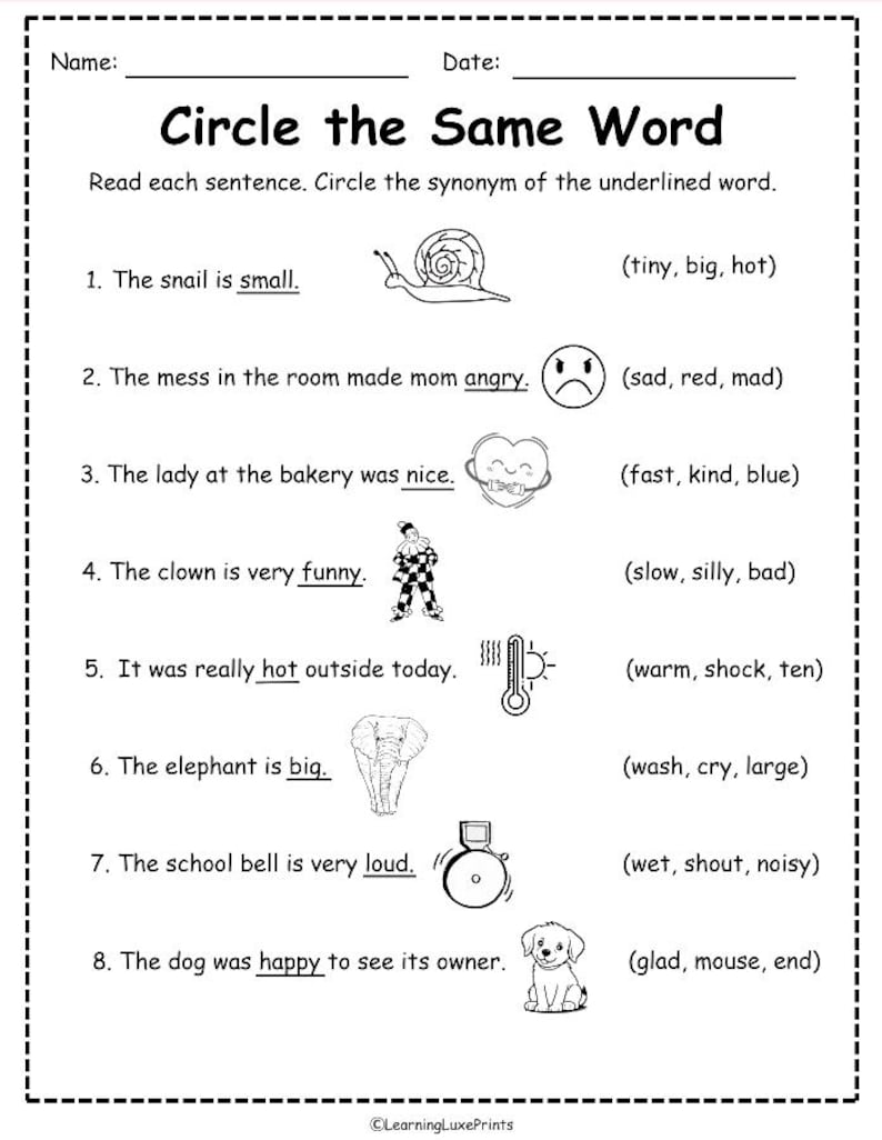 Synonym Worksheet Pack/ 3 ELA Worksheets for Kids/ Vocabulary and ...