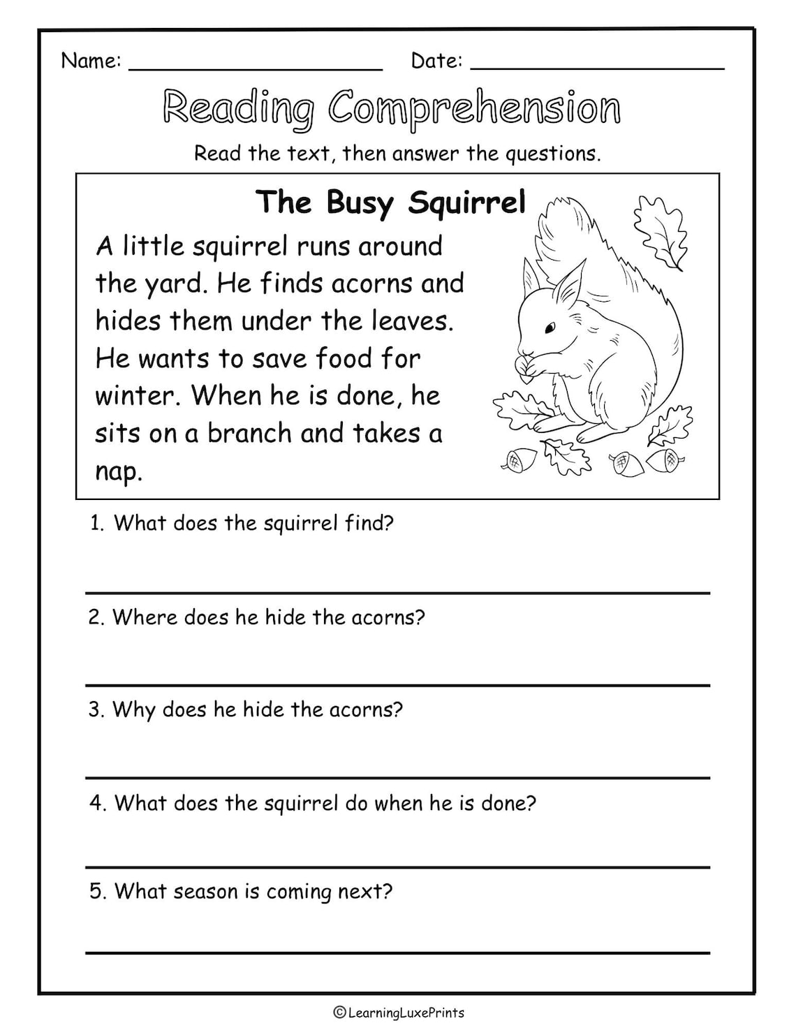 Fall Reading Comprehension Pack/ 5-page Autumn ELA Worksheets for Kids ...