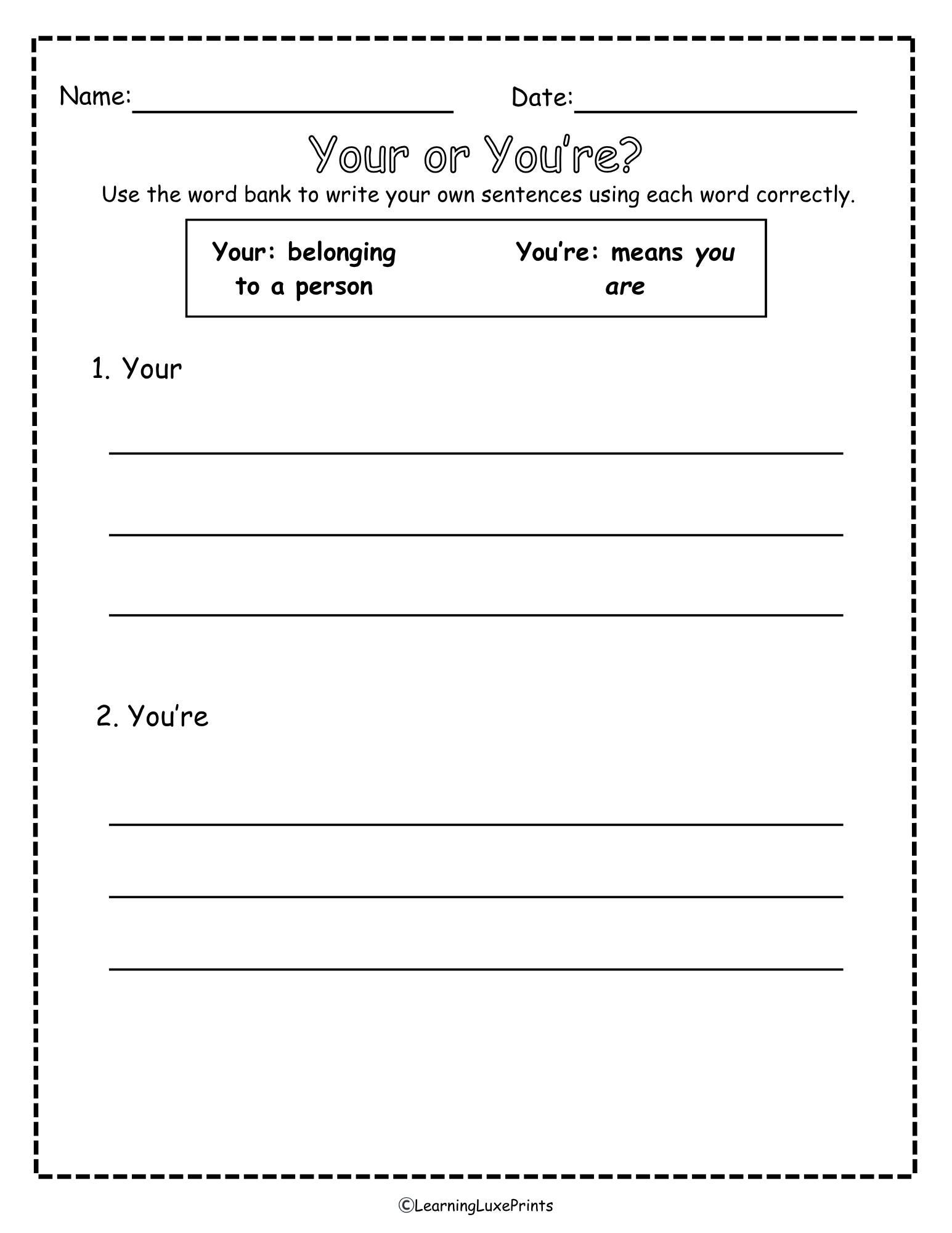 Your Vs You're Grammar Worksheet Pack/ 3-page ELA Printable for Kids ...