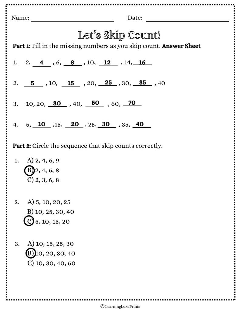 Skip Counting Worksheet/ Number Patterns Printable/ Counting by 2s, 5s ...