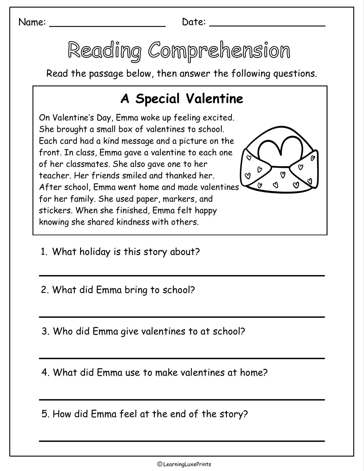 Valentine's Day Reading Comprehension Worksheet (PDF) - Etsy