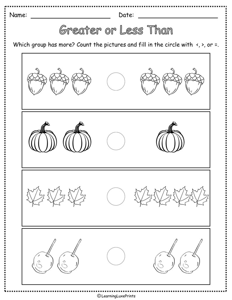 Fall Math Worksheet: Greater Than Less Than Comparison (PDF) - Etsy