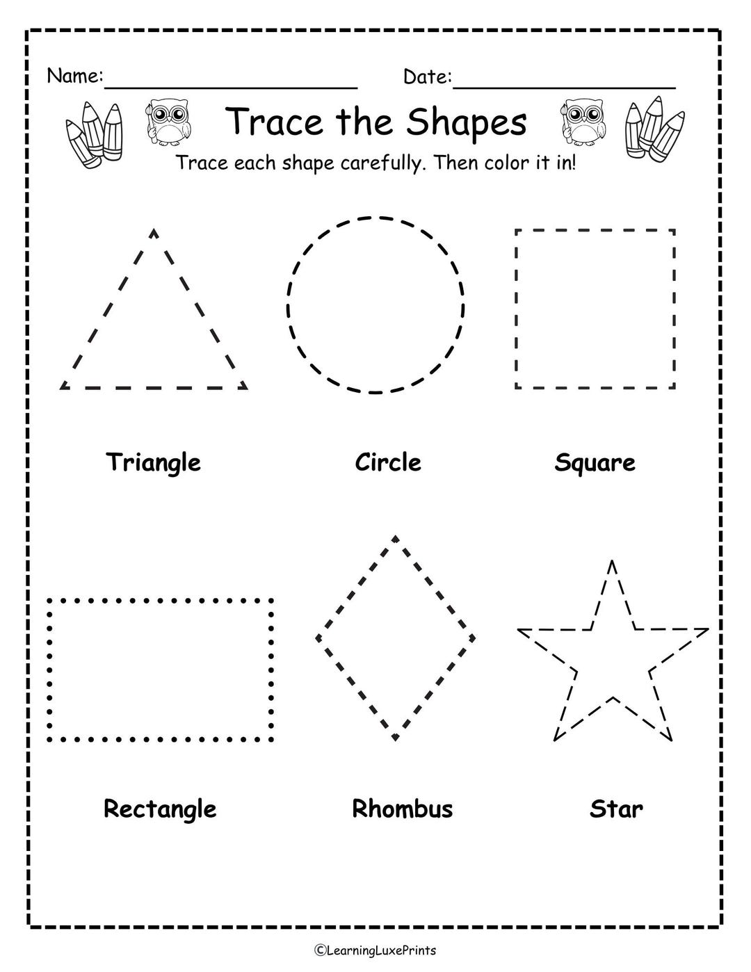 Trace the Shapes Worksheet/ Preschool Fine Motor and Geometry Practice ...