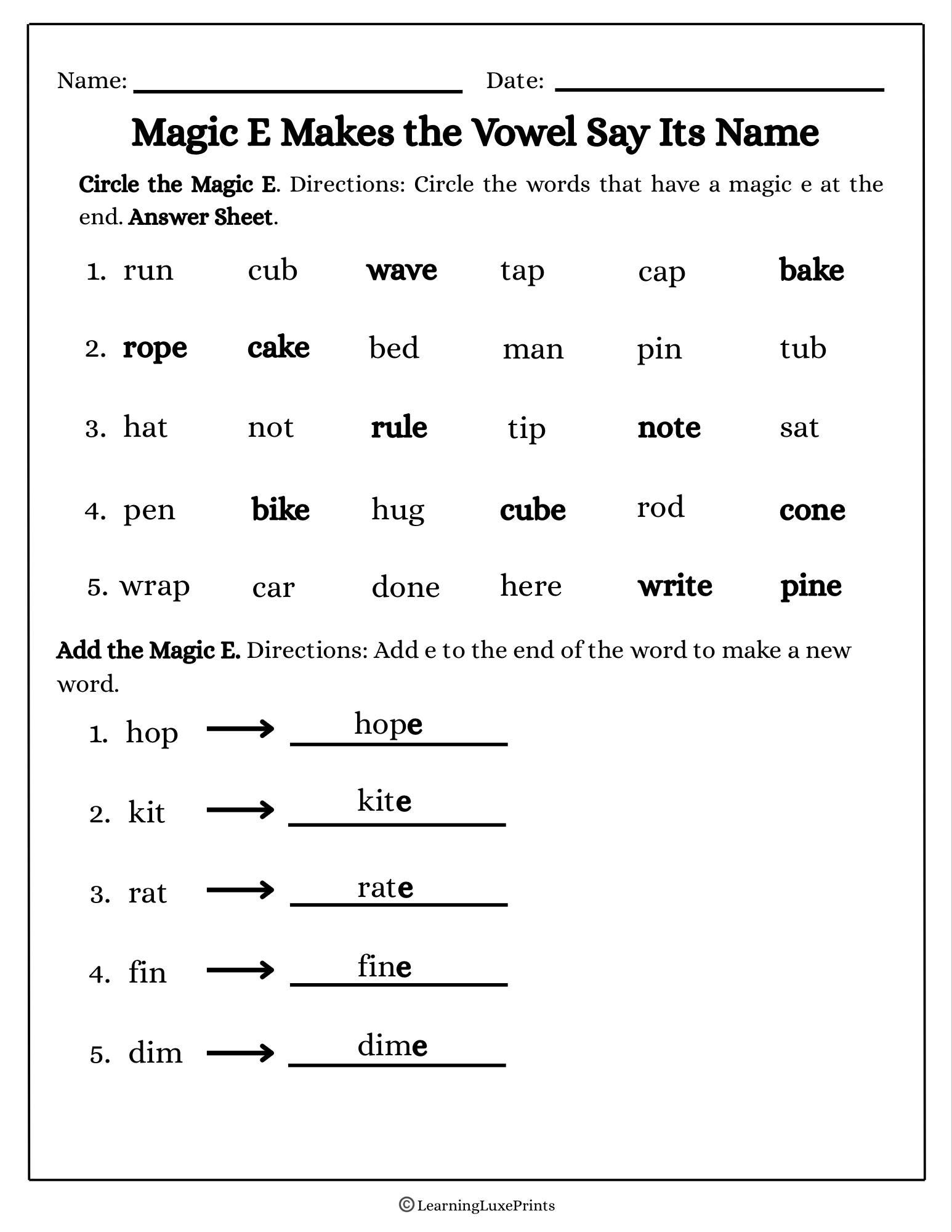 Silent E Phonics Activity/ Long Vowel Practice Printable - Etsy