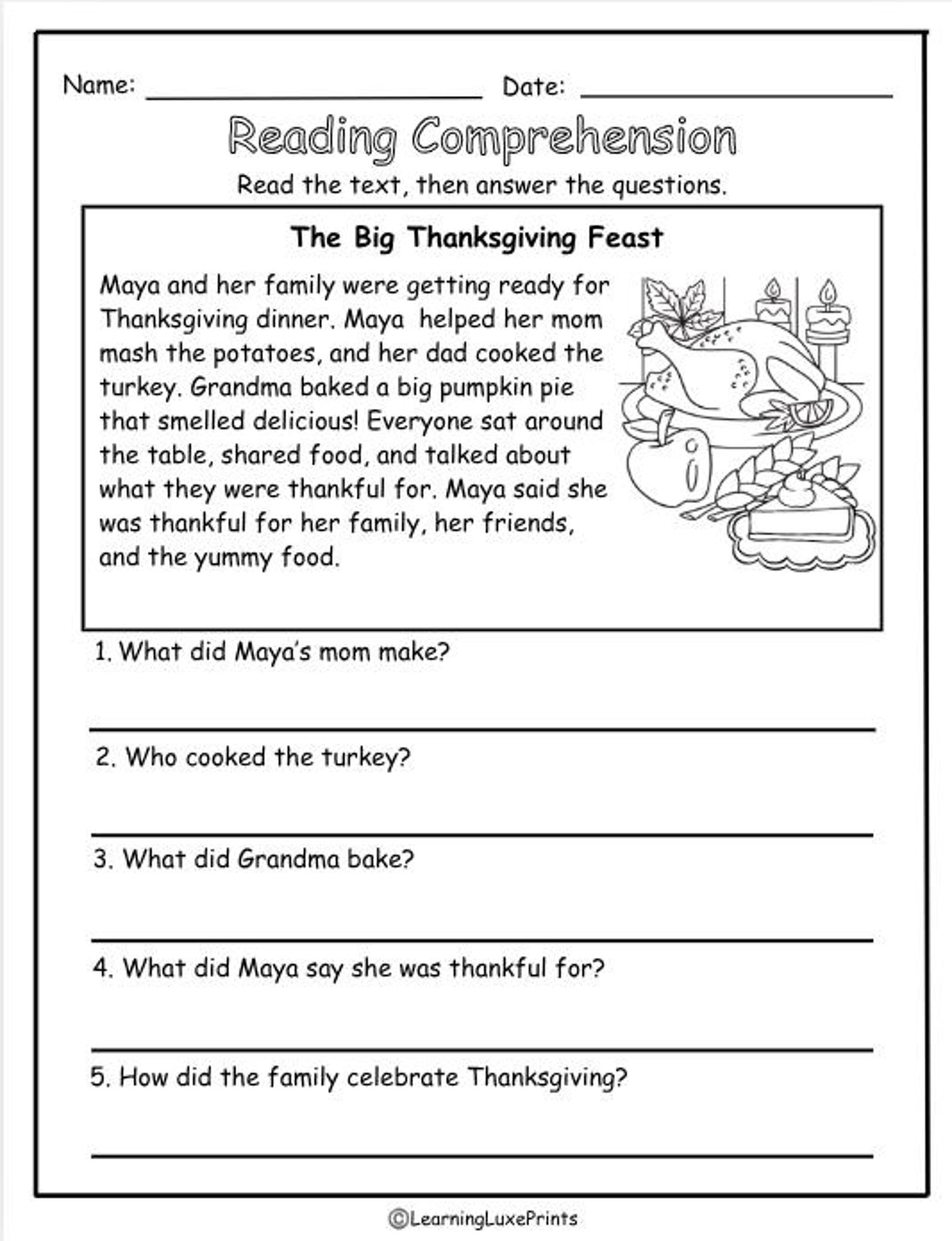 Thanksgiving Reading Comprehension Pack / 3-page Printable ELA ...