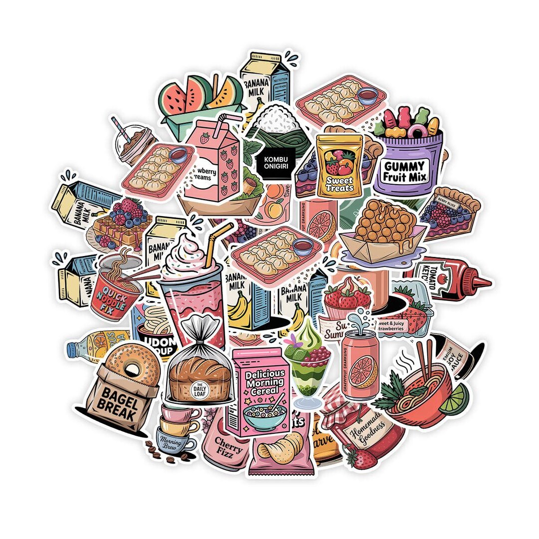 60pcs Kawaii Food Sticker Pack – Cute Snacks, Desserts, Fruits, Drinks ...