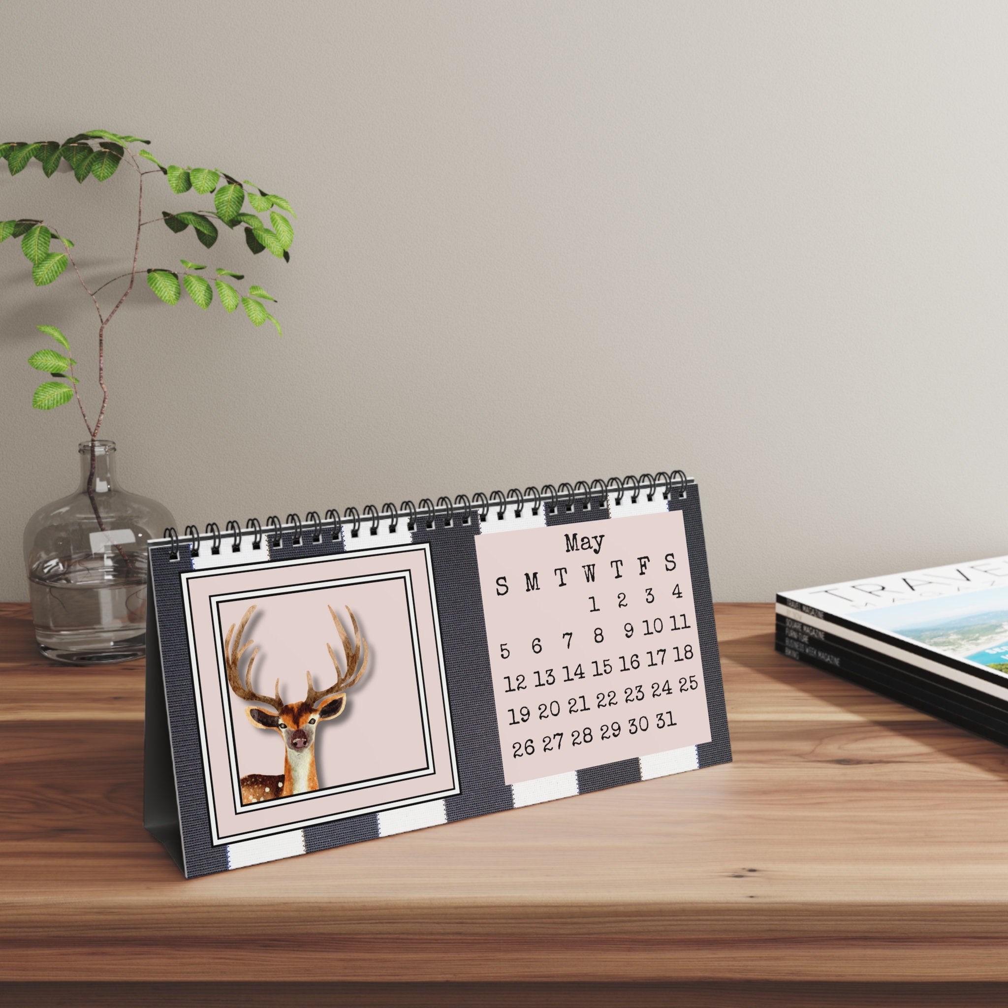 2024 Monthly Desk Calendar Black and White Stripes & Pink With ...
