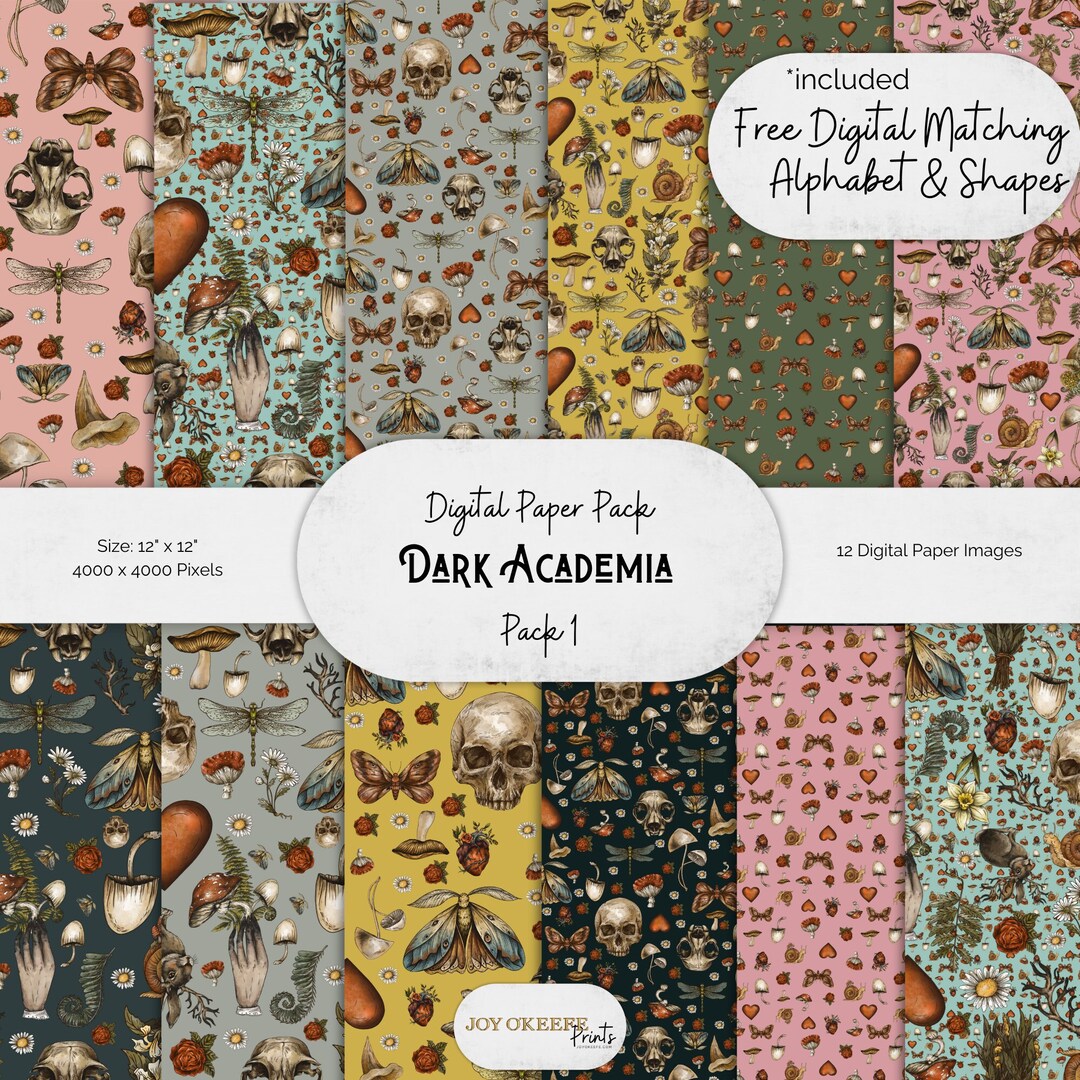 24 Digital 12x12 Seamless Prints Dark Academia, Skulls, Mushrooms ...