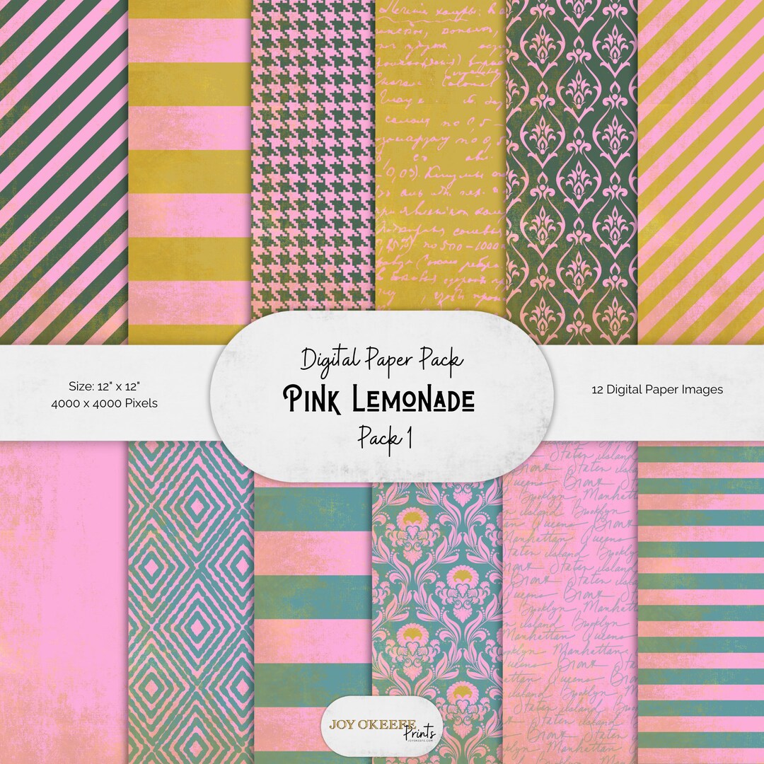 24 Digital 12x12 Prints Pink Lemonade: Rustic Yellow, Pink, Blue, Green ...