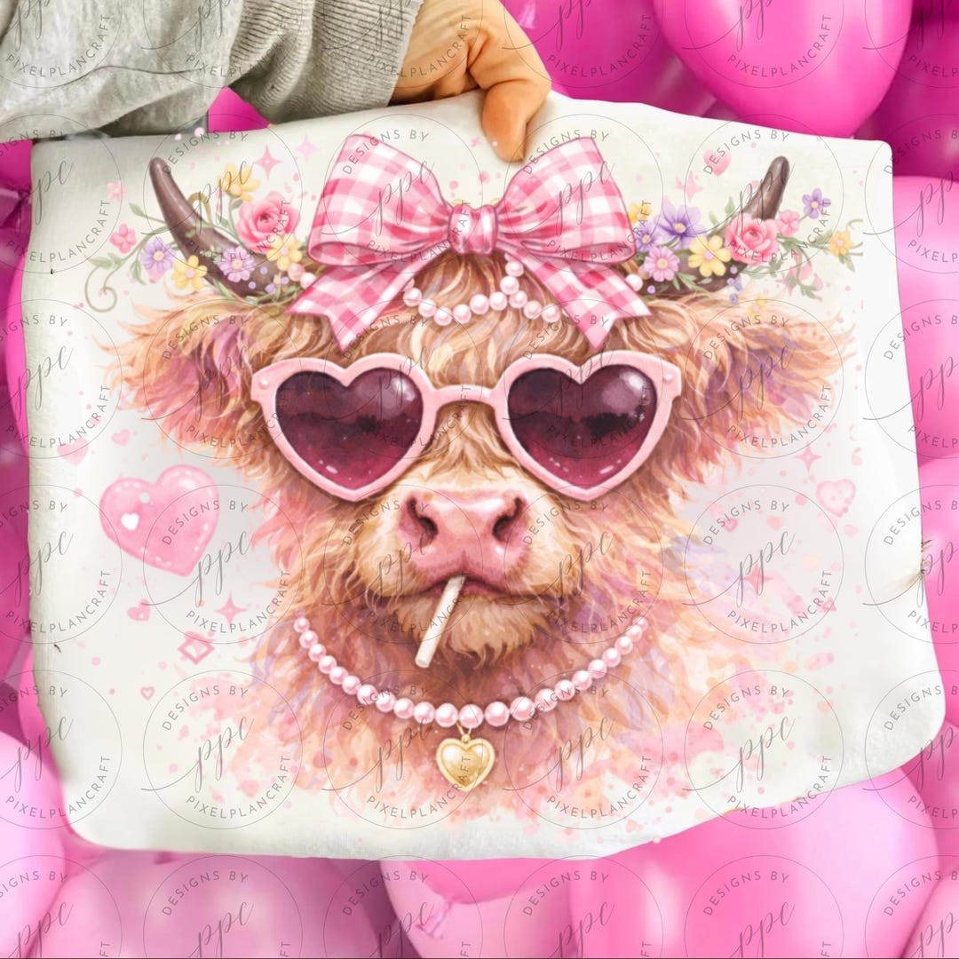 Preppy Cow PNG Digital Art Highland Cow Illustration Bow & Sunglasses ...