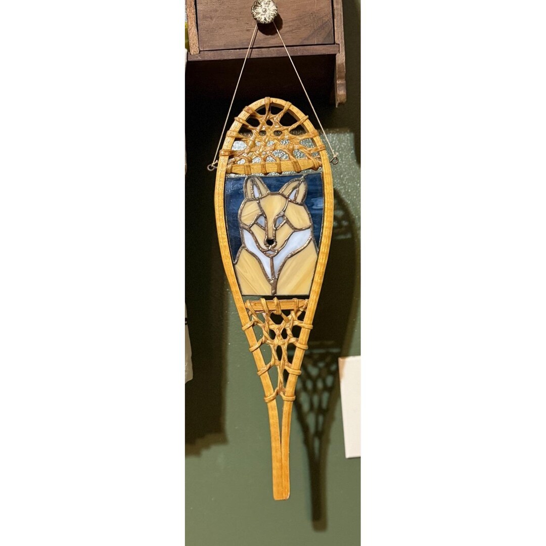 Handcrafted Stained Glass Fox in Wooden Snowshoe Frame Rustic Cabin Art ...
