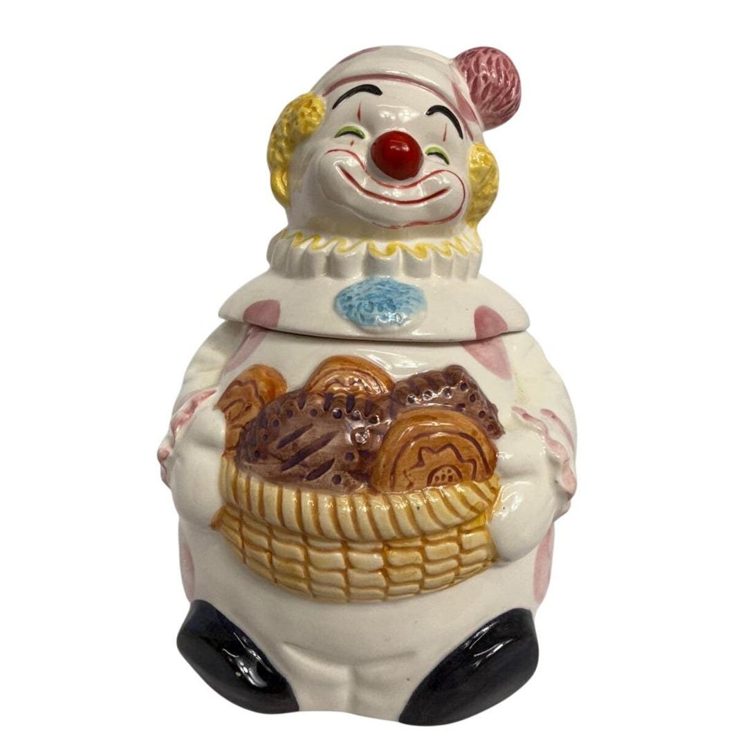 Vintage Clown Ceramic Cookie Jar Basket of Cookies Novelty Kitchen ...