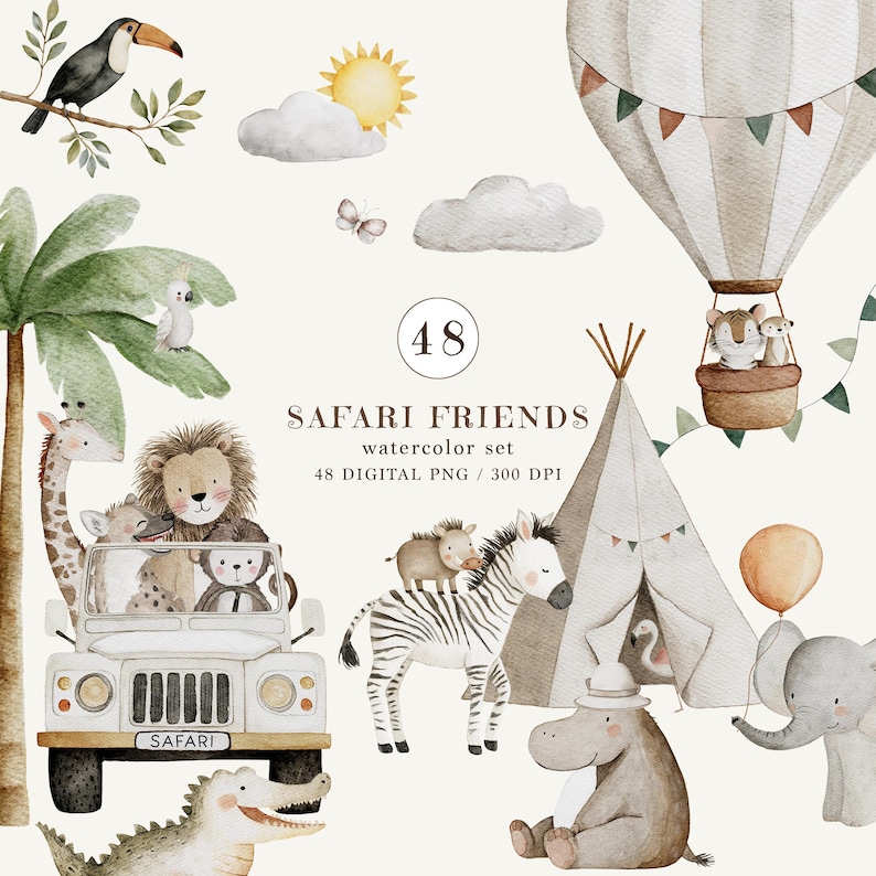 Safari Friends Clipart, Nursery, Jungle, PNG, Watercolor, Cute Animals ...