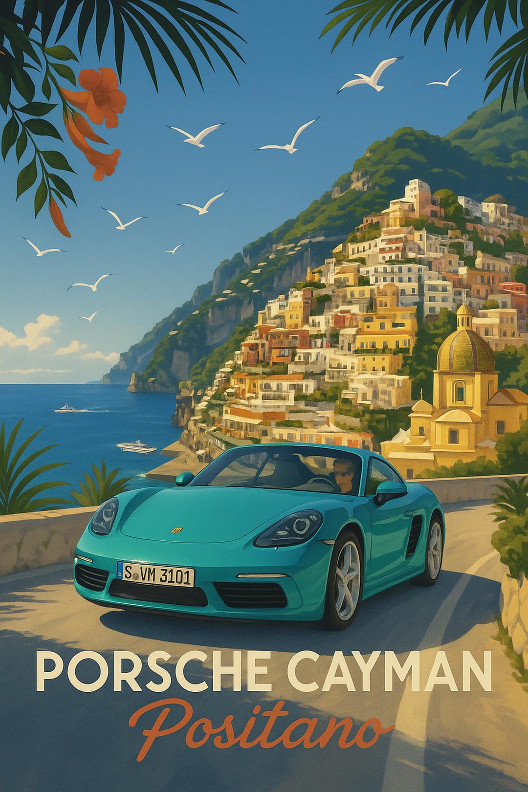 Porsche Cayman in Positano Car Poster: Classic Automotive Art (digital ...