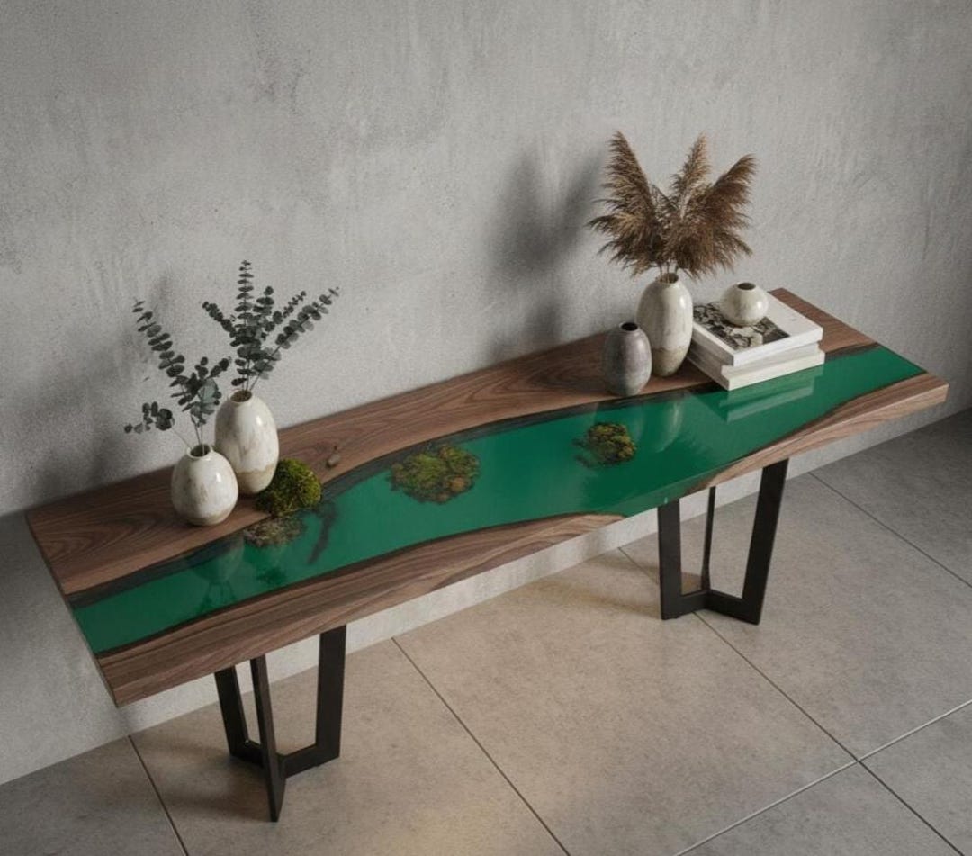 Live Edge Wood Console Table With Blue Epoxy River | Modern Entryway ...