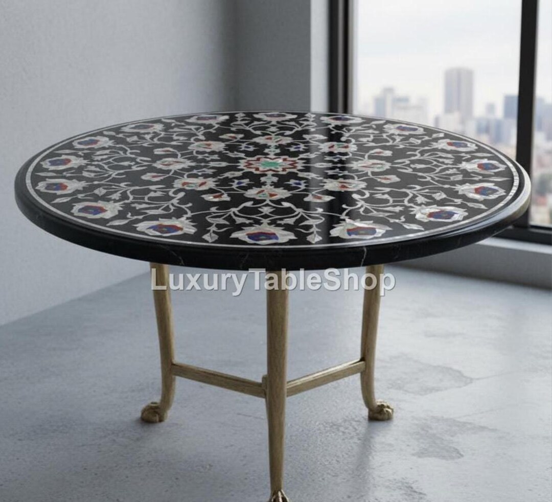 Handmade Black Marble Inlaid Table | Pietra Dura Gemstone Mosaic - Etsy