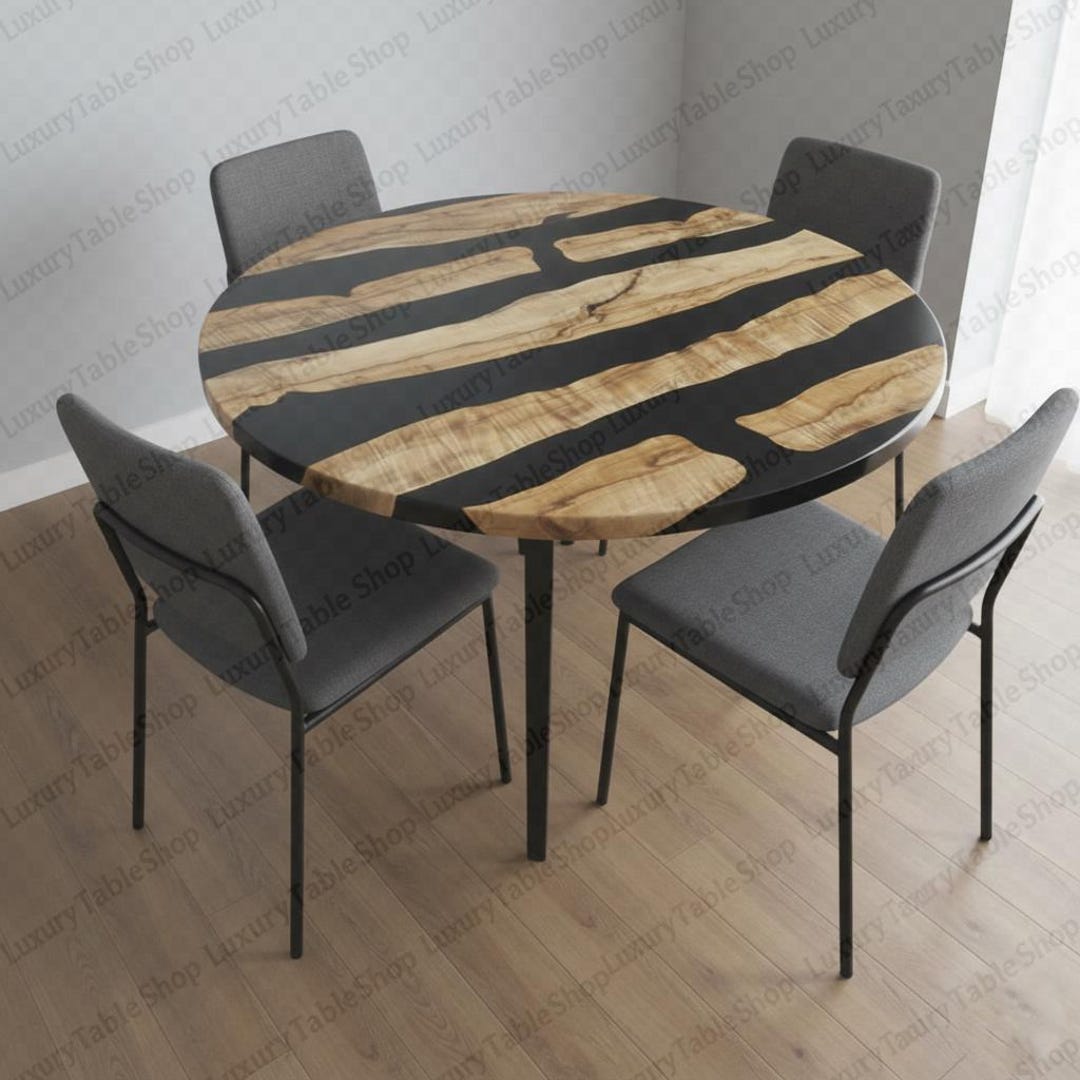 Handcrafted Round Live Edge Wood & Black Resin Dining Table | Modern ...