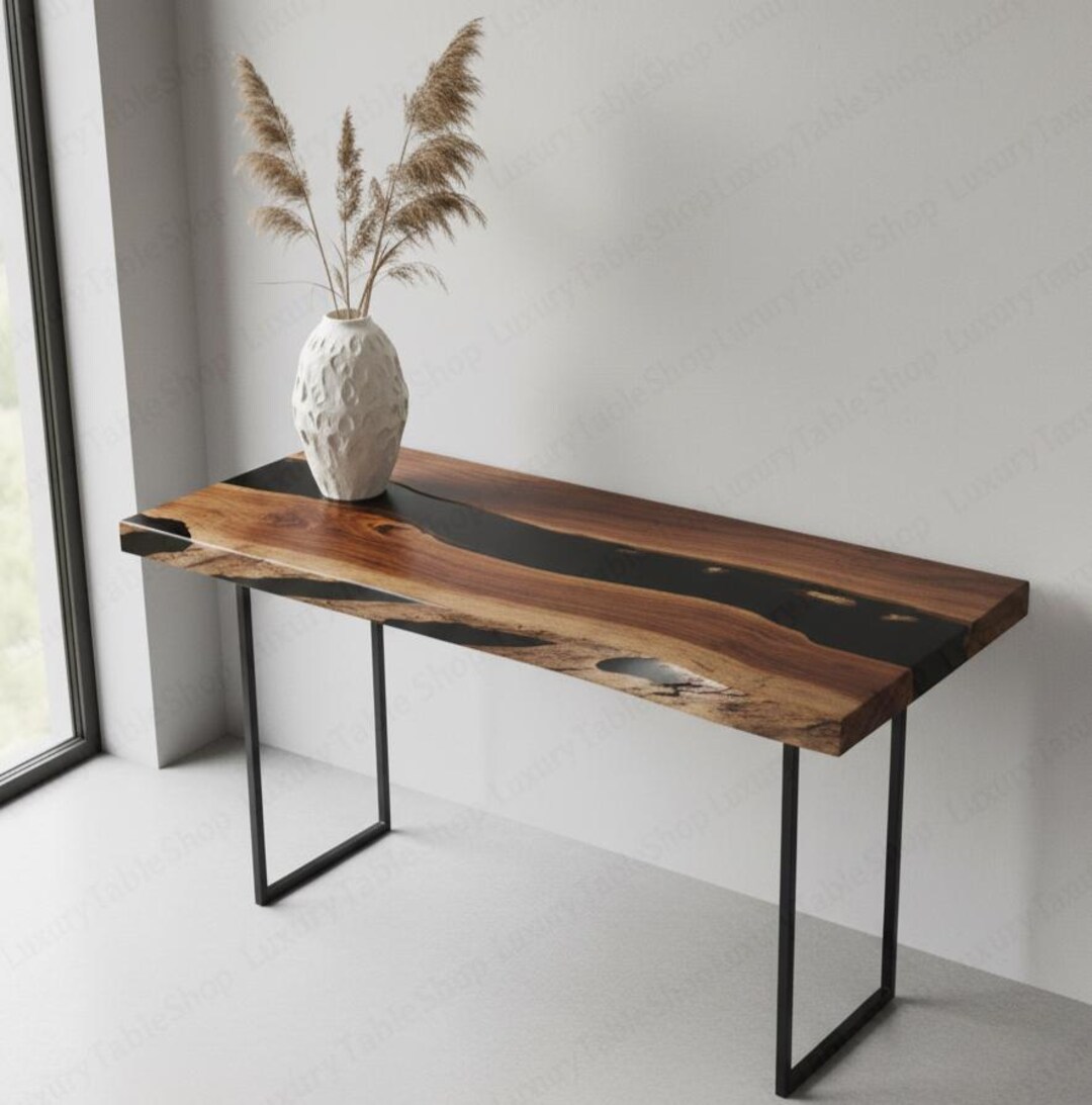 Handcrafted Live Edge Organic Wood & Black Resin River Console Table ...