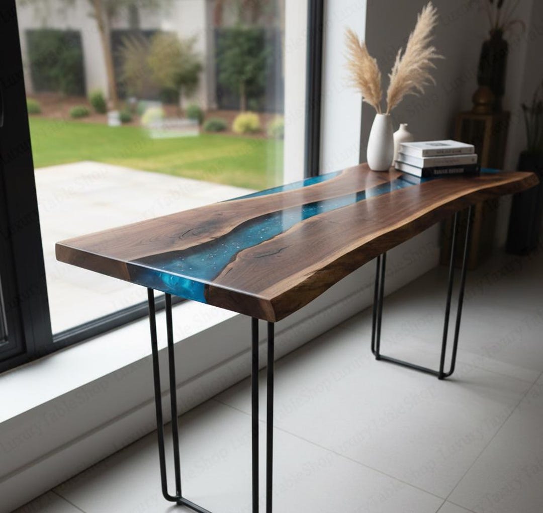 Handcrafted Live Edge Wood & Blue Resin River Console Table | Modern ...