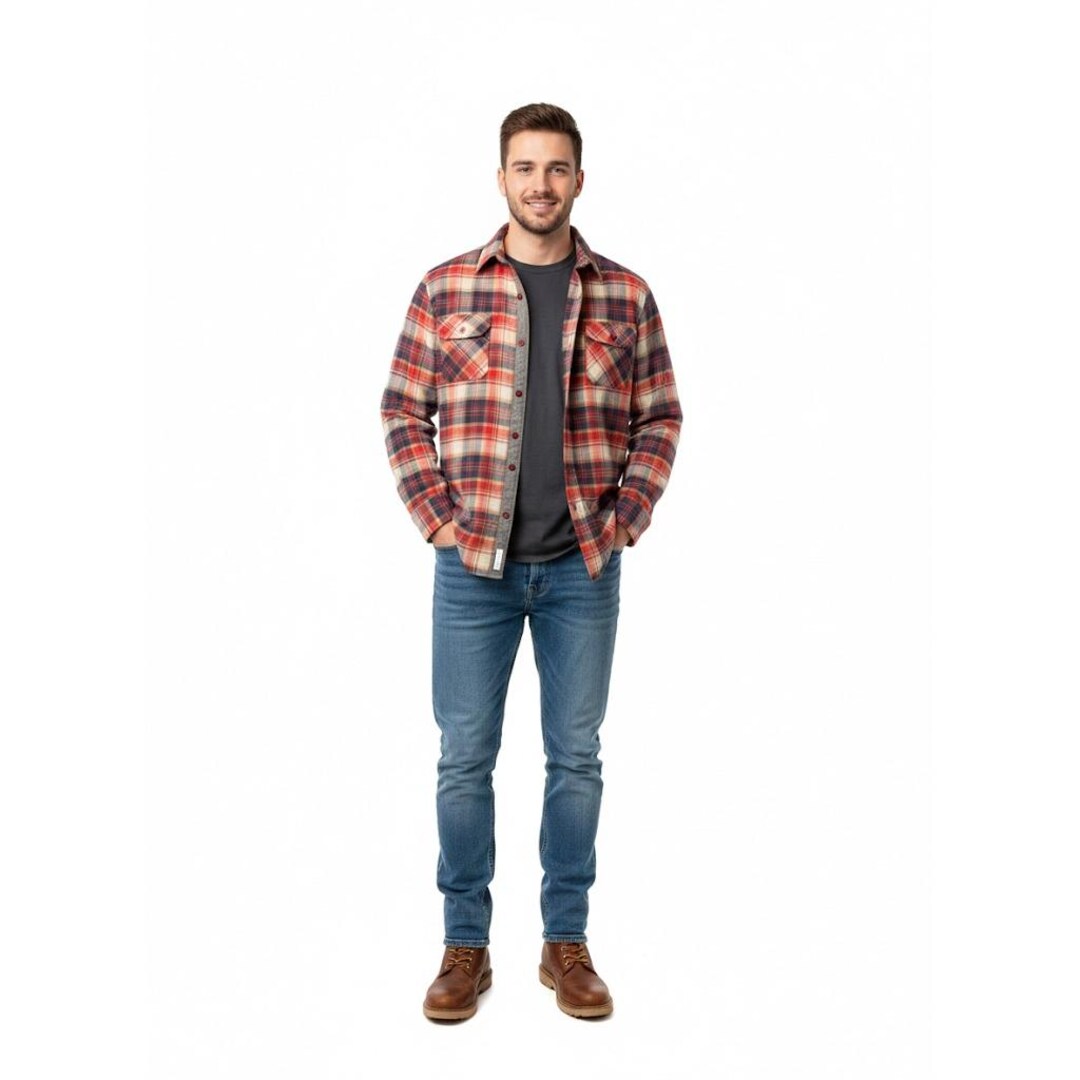 Back Packer Plaid Quilted Lined Flannel Shacket Men's M Red Gray Cotton ...