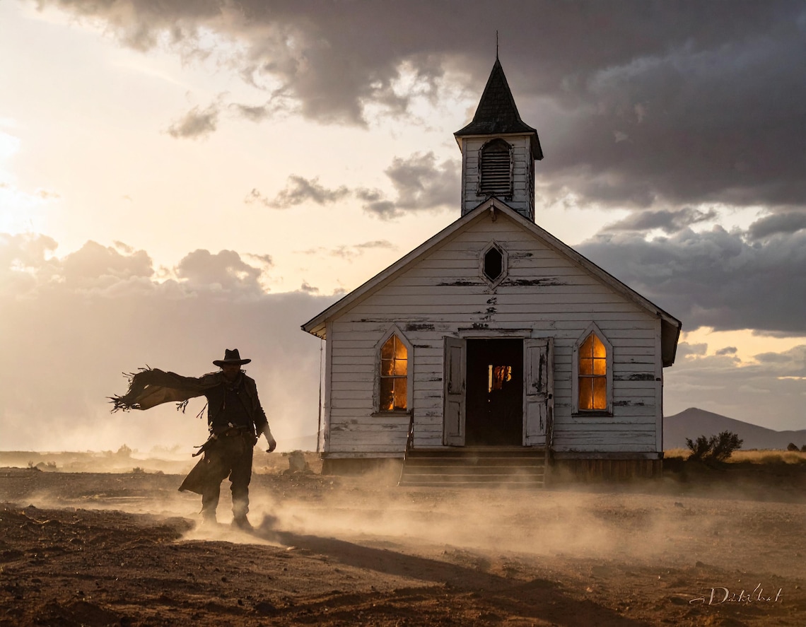Dark Western Art Print – Lone Cowboy, Frontier Church (digital Download ...