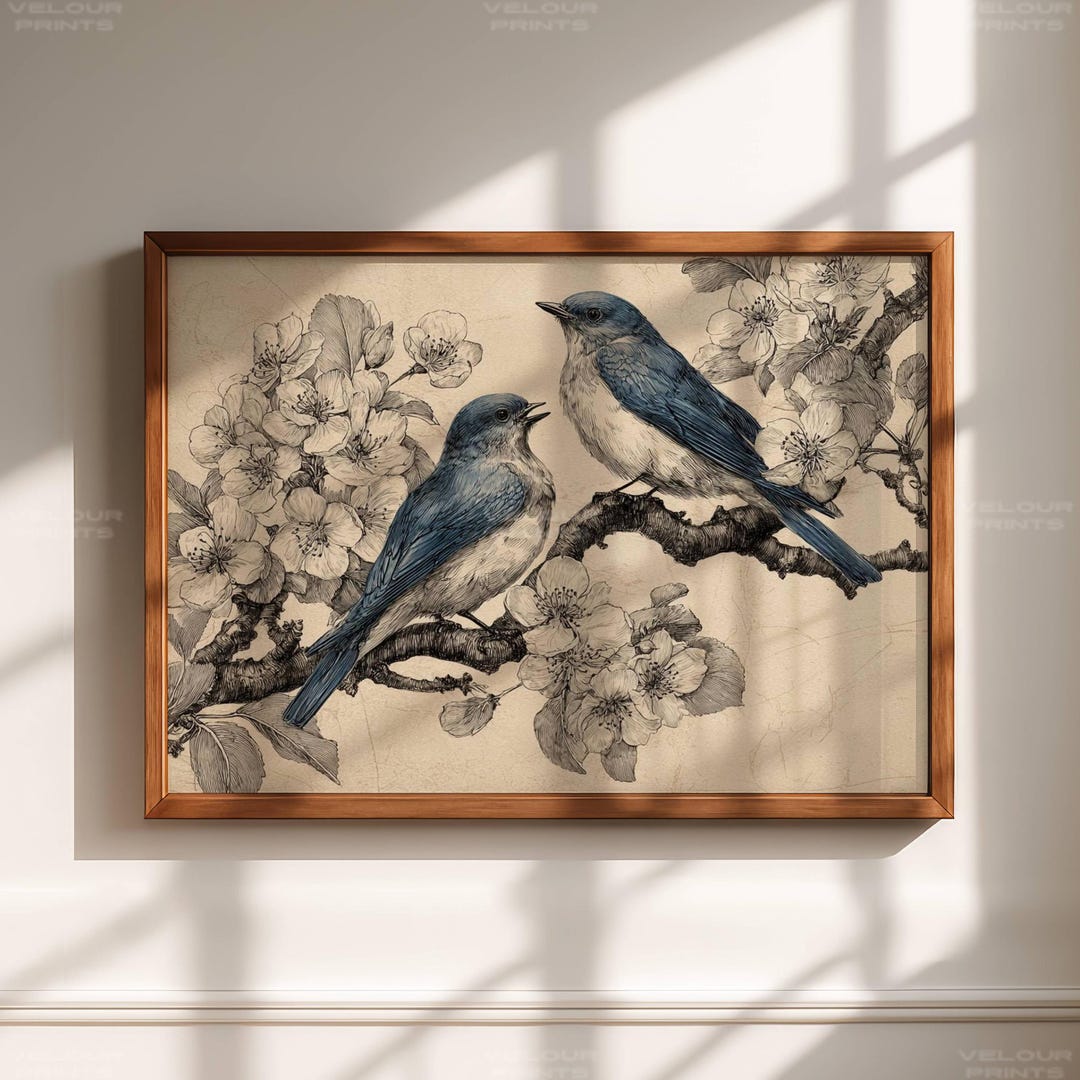 Bluebird Apple Blossom Print | Antique Rustic Wall Art | Vintage ...