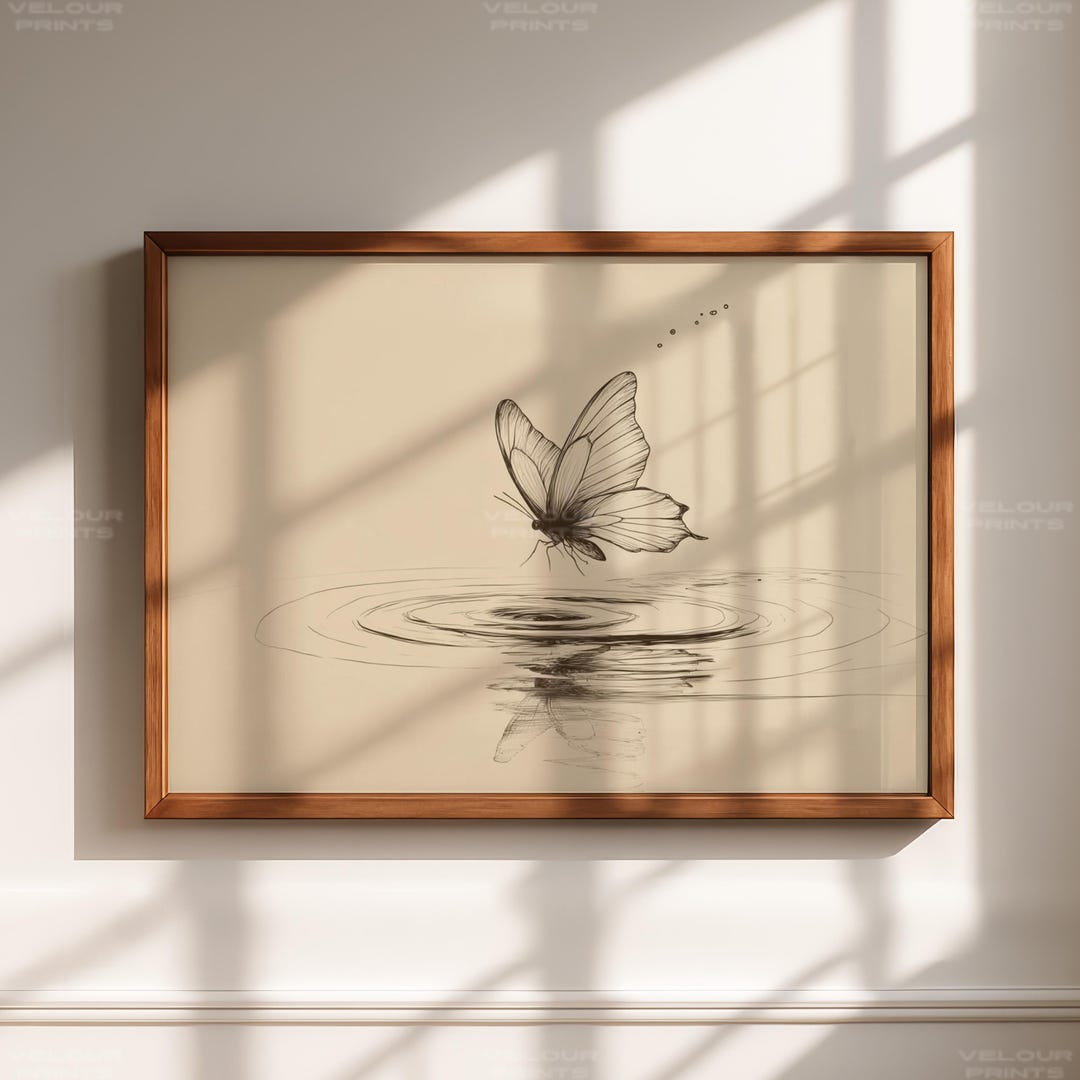 Butterfly Reflection Line Drawing Print, Minimal Nature Ink Art, Calm ...