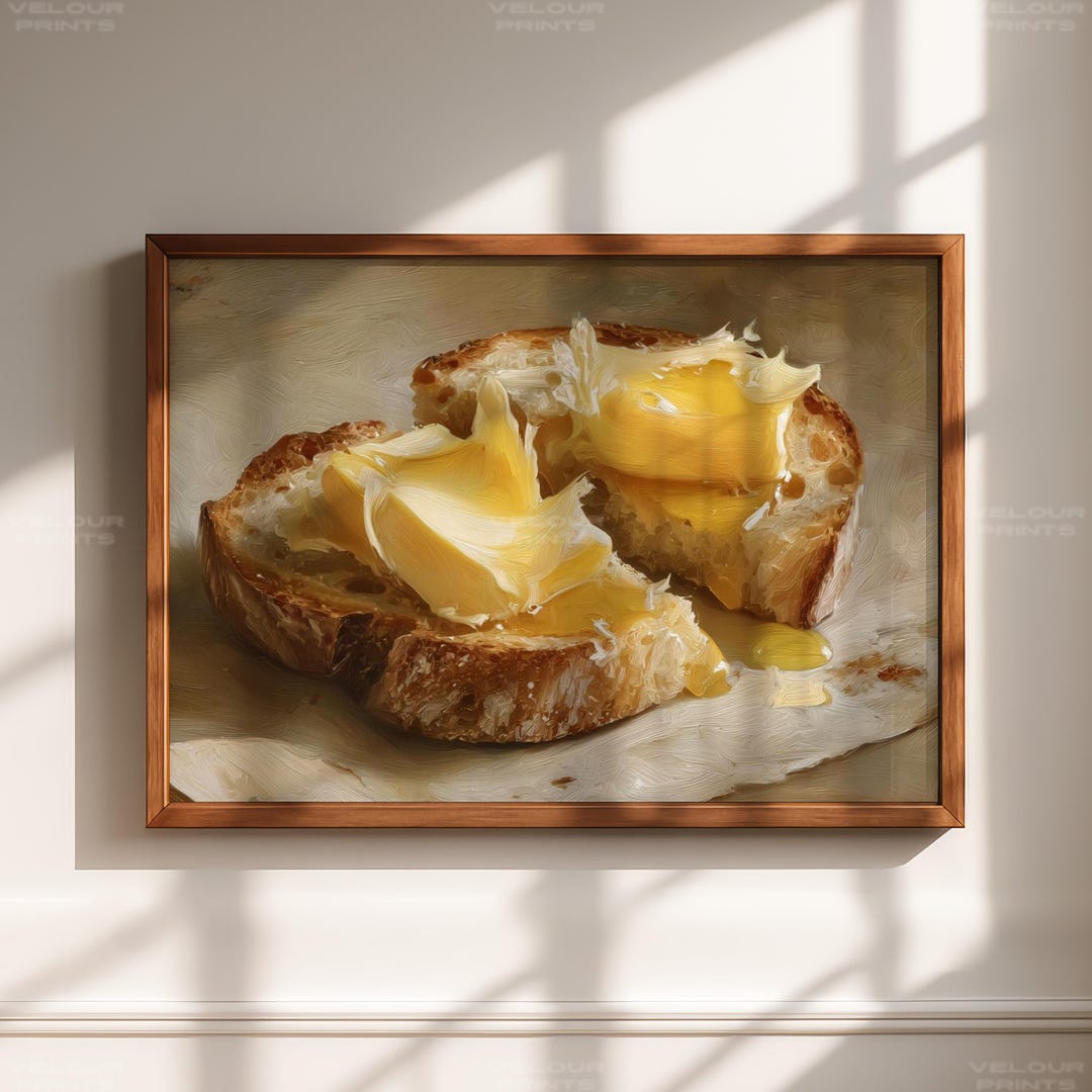 Butter on Bread Wall Art Print, Cozy Rustic Kitchen Food Painting ...