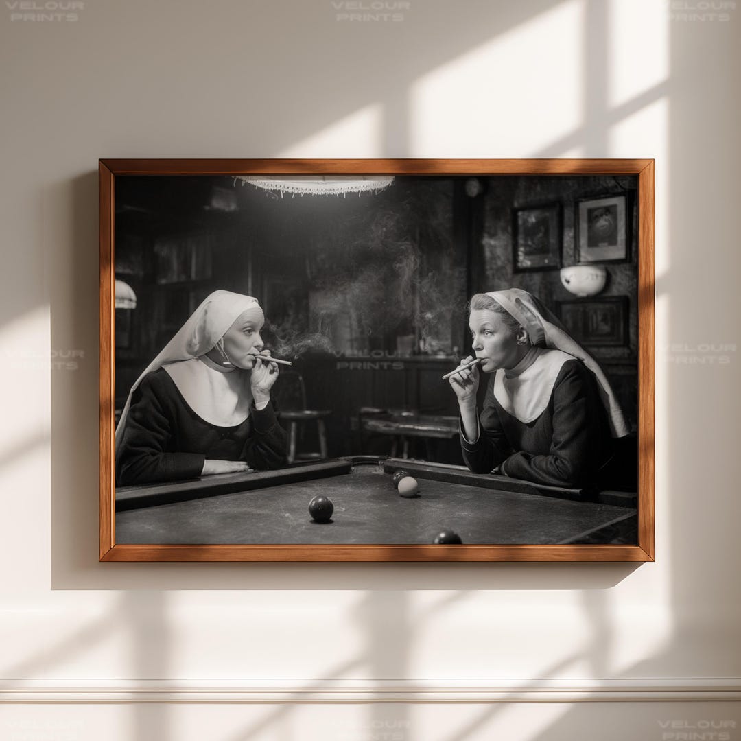 Nuns Playing Pool Vintage Art, Funny Black and White Bar Scene, Retro ...