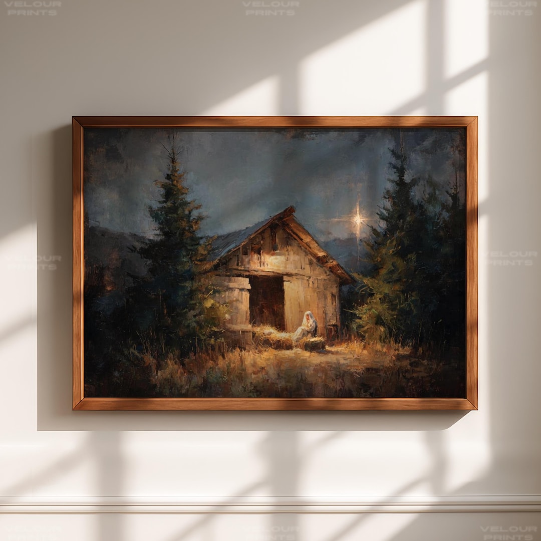 Rustic Mary at the Manger Art Print • Warm Christmas Stable Painting ...