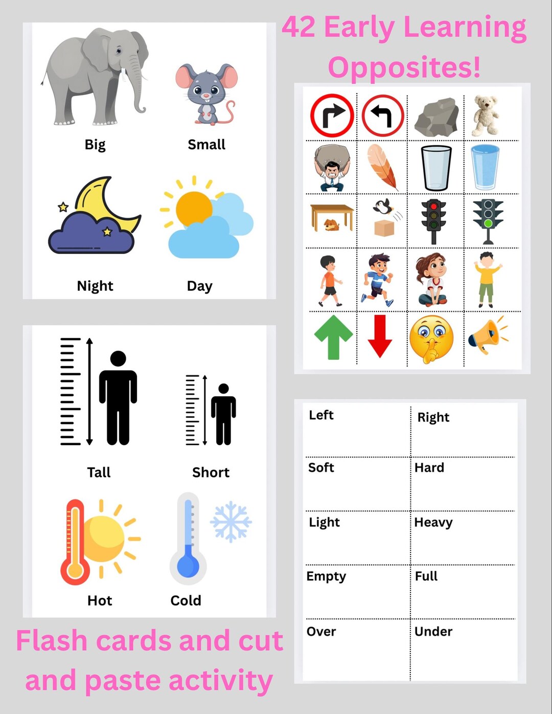 42 Opposites Flash Cards and Cut & Paste Activity Early Learning and ...