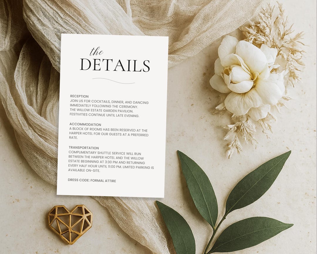 Wedding Details Card Template, Refined Modern Information Insert, Clean ...