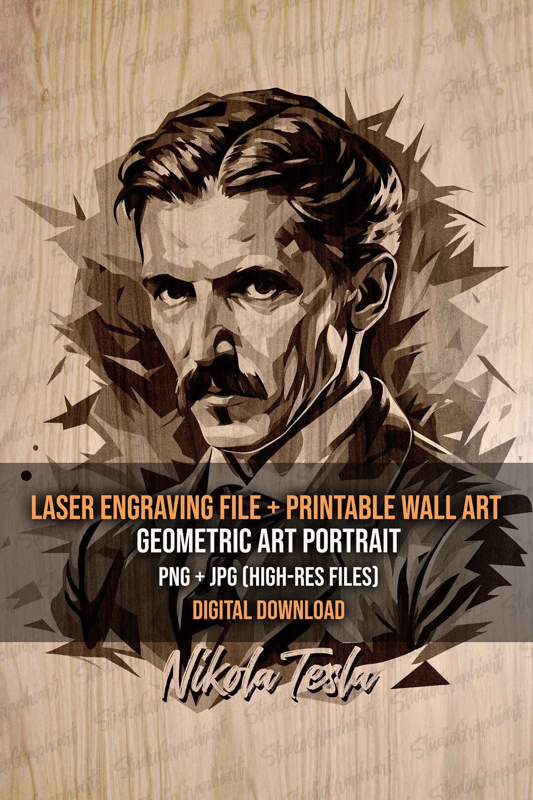 Nikola Tesla Inspired Laser Engraving File | Monochrome Geometric WPAP ...