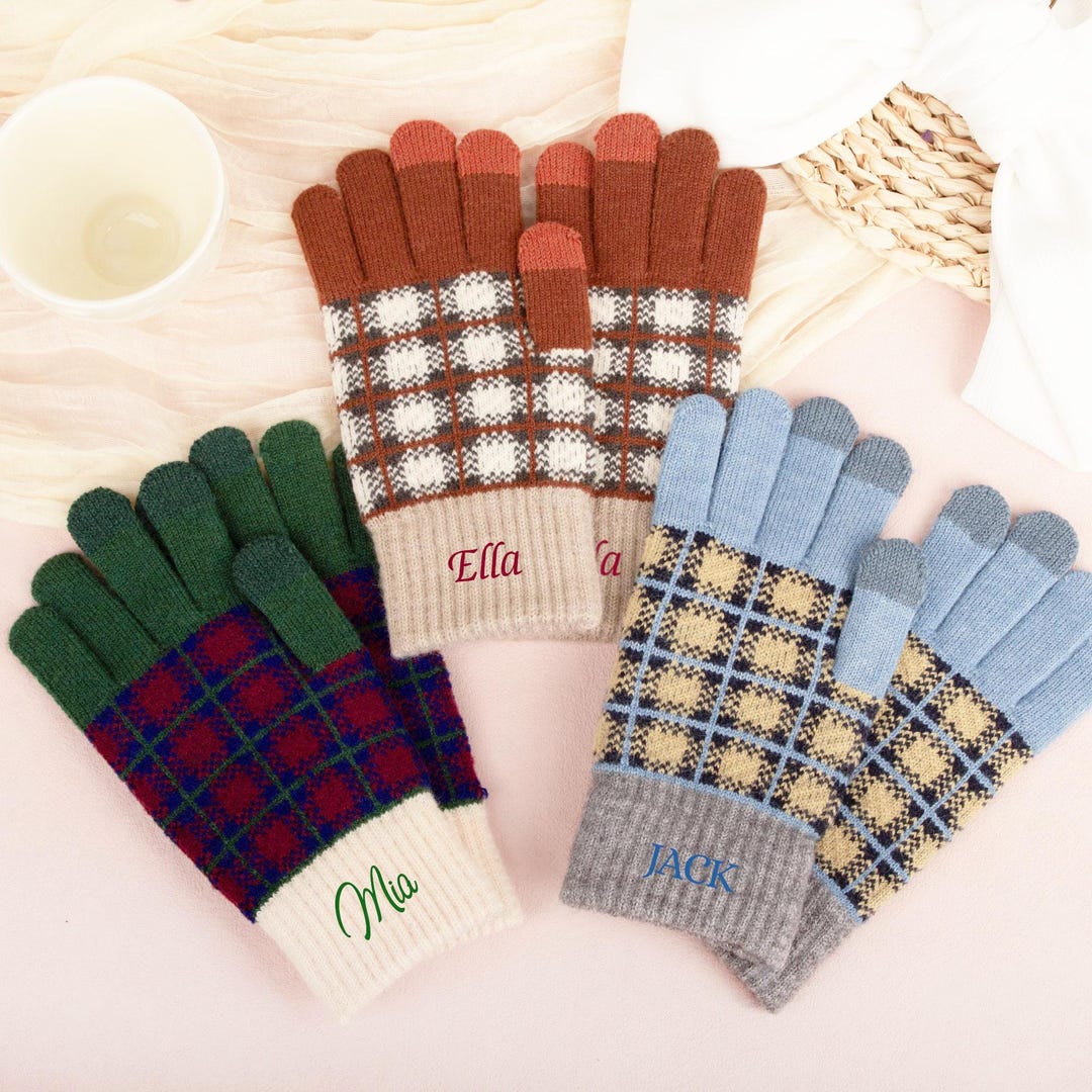 Custom Winter Cute Grid Gloves,personalized Knitted Gloves,embroidered ...