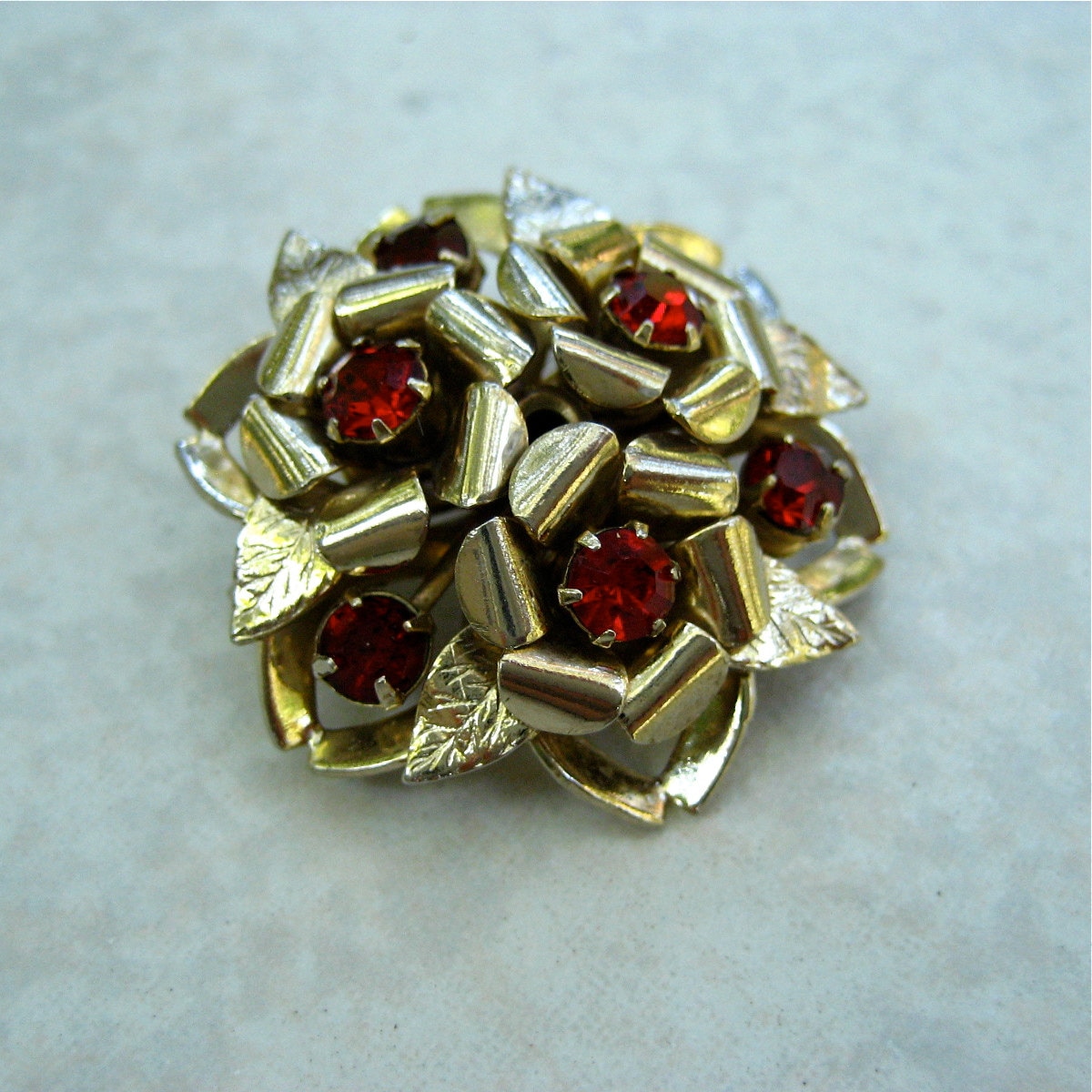 Vintage Coro Red Rhinestone Flower Brooch Domed Silver Tone | Etsy