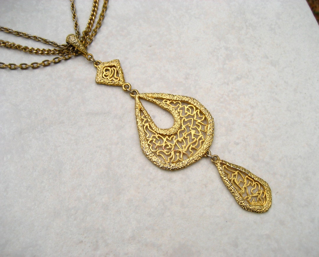 Vintage Festoon Necklace Triple Pendant Gold Tone Openwork Multi Chain ...