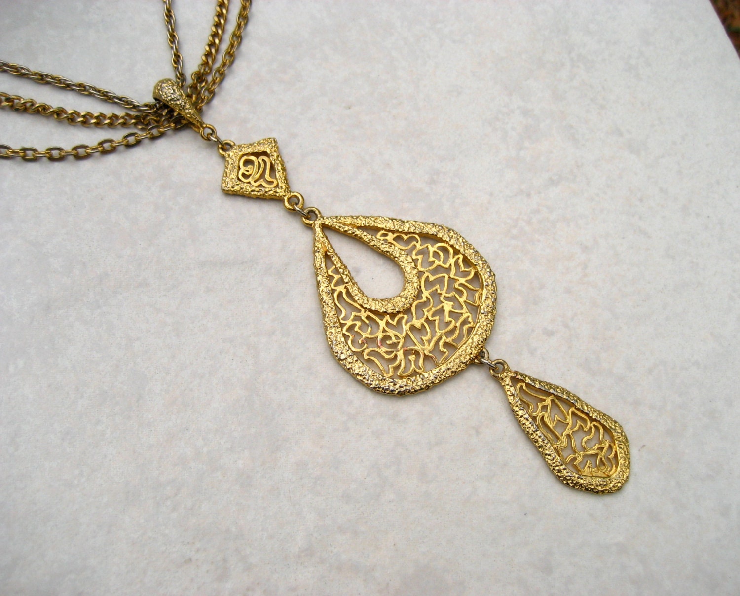 Vintage Festoon Necklace Triple Pendant Gold Tone Openwork Multi Chain ...