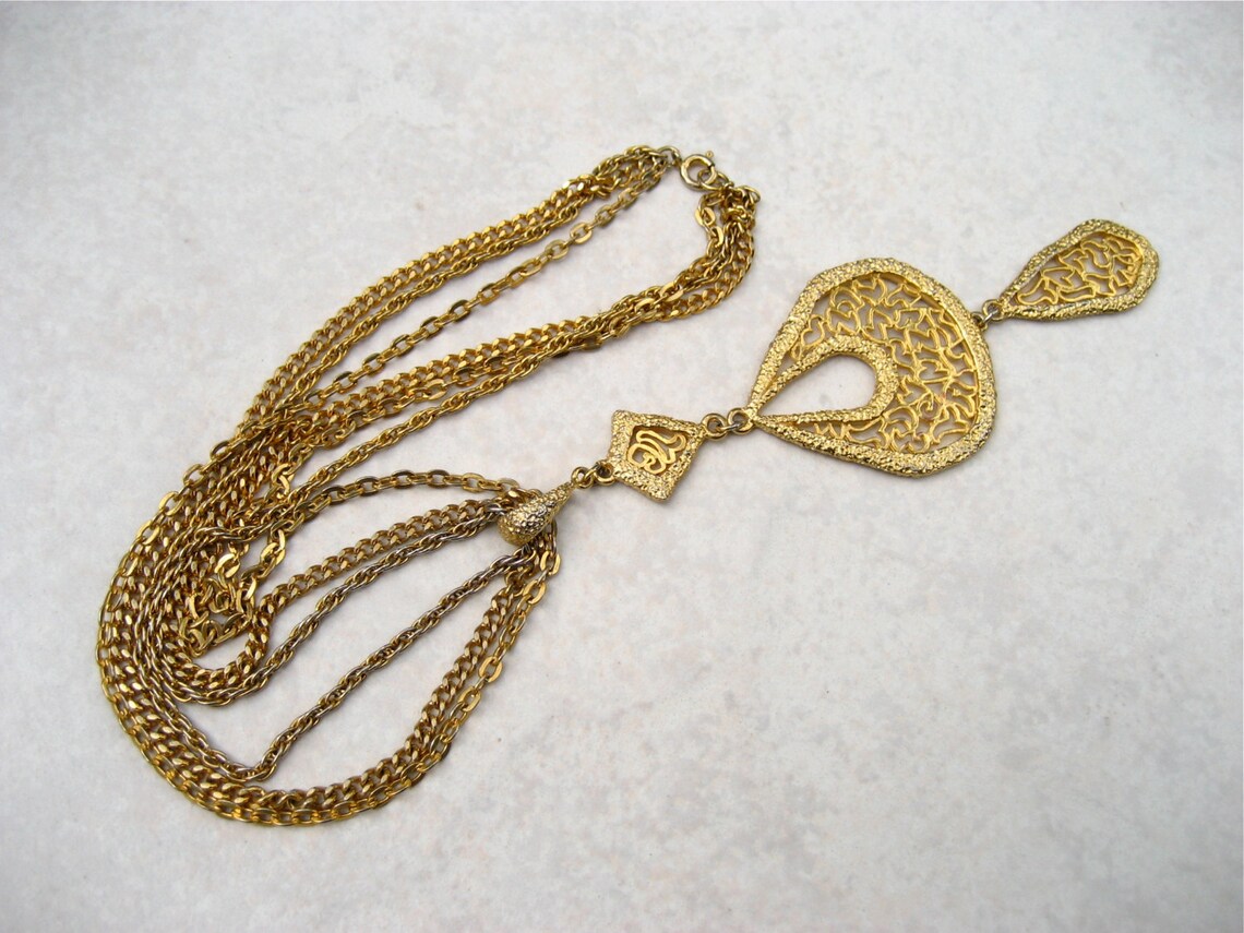 Vintage Festoon Necklace Triple Pendant Gold Tone Openwork Multi Chain ...