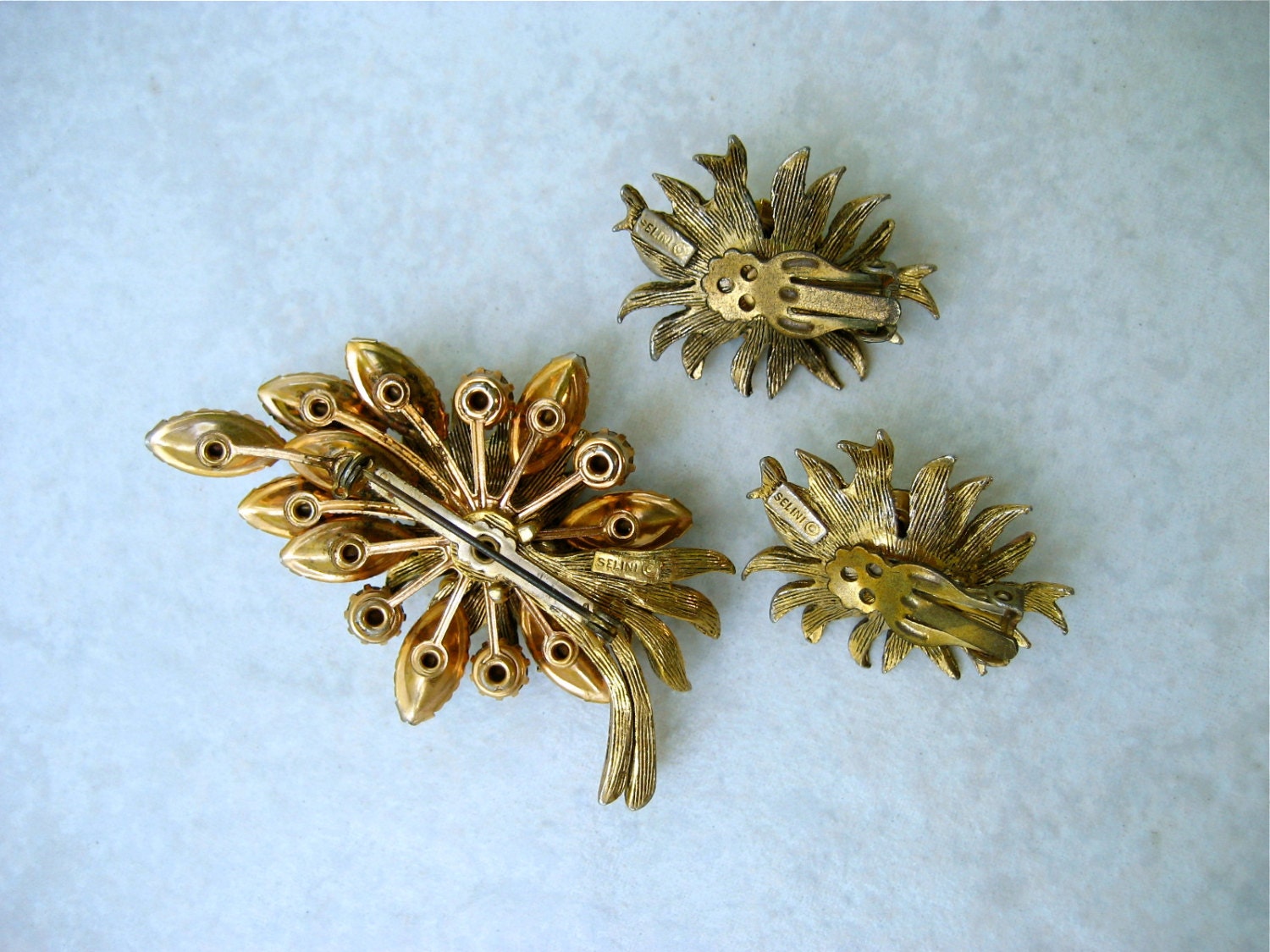 Vintage Selini Rhinestone Set Brooch Earrings Purple Navette AB Floral ...