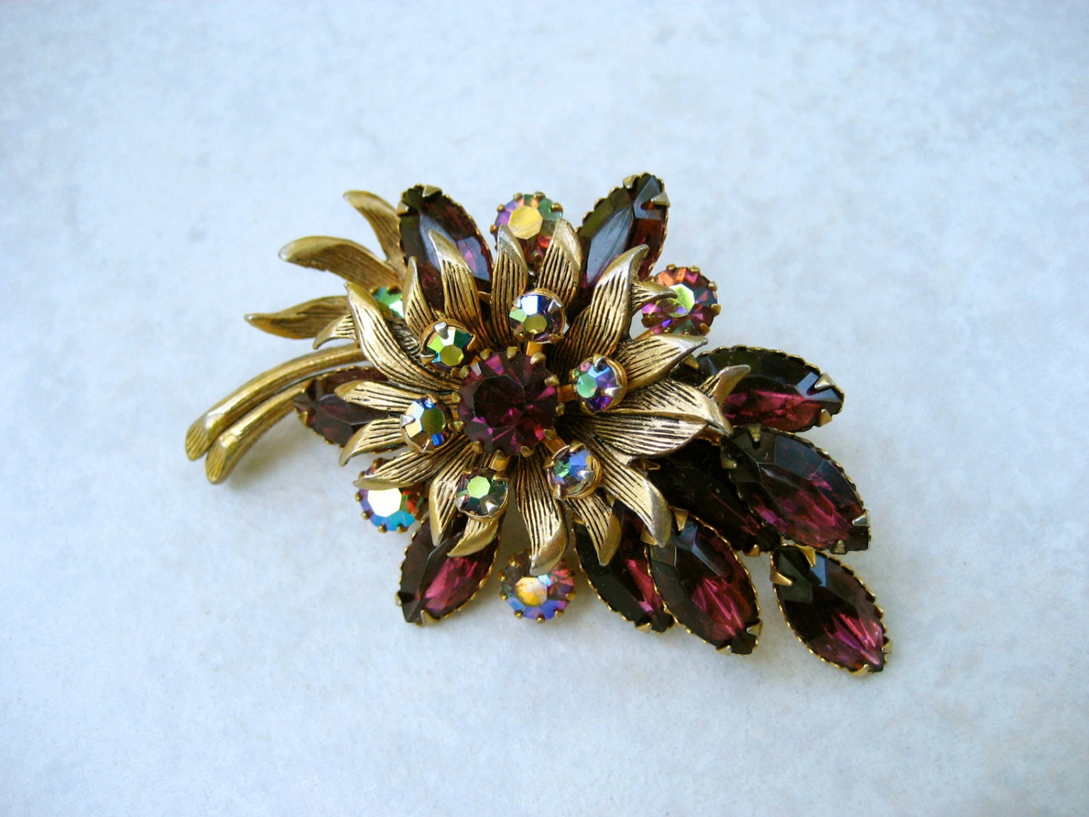 Vintage Selini Rhinestone Set Brooch Earrings Purple Navette AB Floral ...