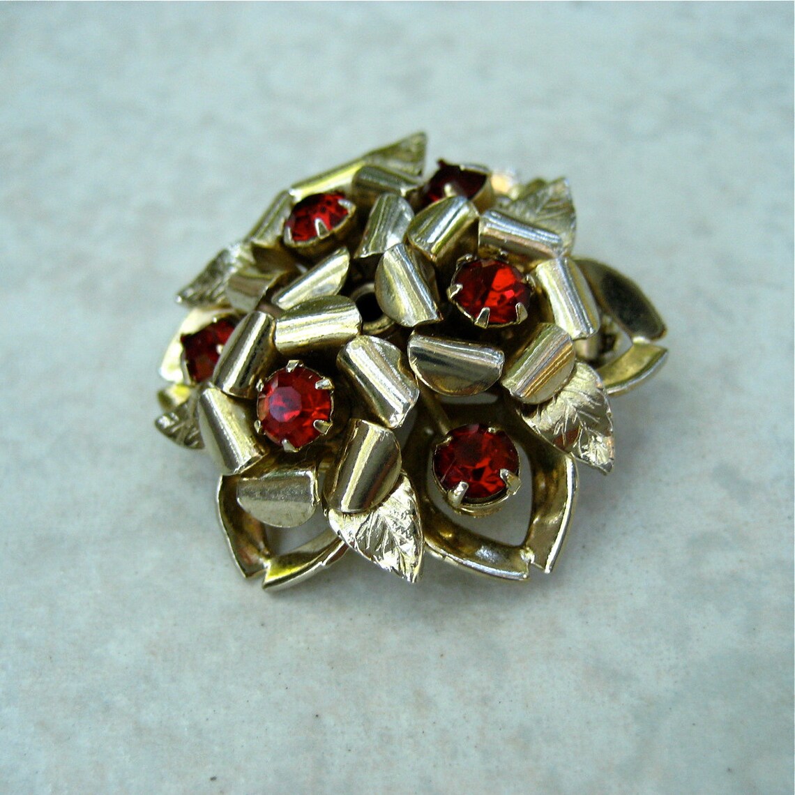 Vintage Coro Red Rhinestone Flower Brooch Domed Silver Tone | Etsy