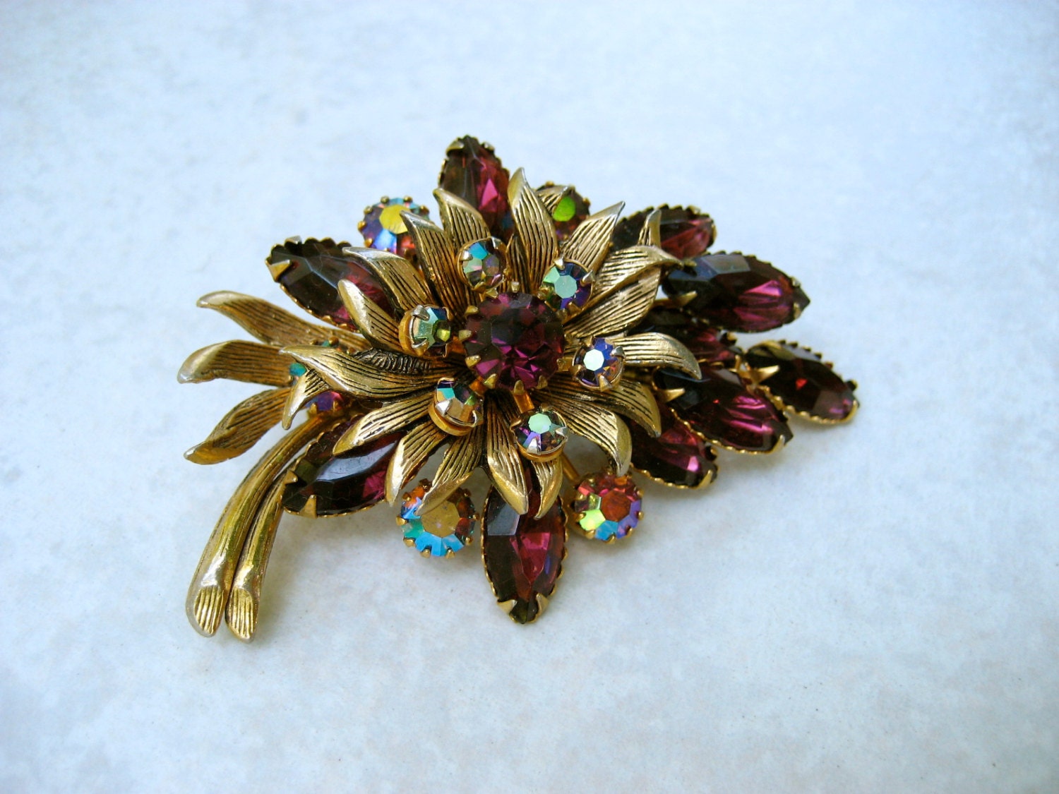 Vintage Selini Rhinestone Set Brooch Earrings Purple Navette AB Floral ...