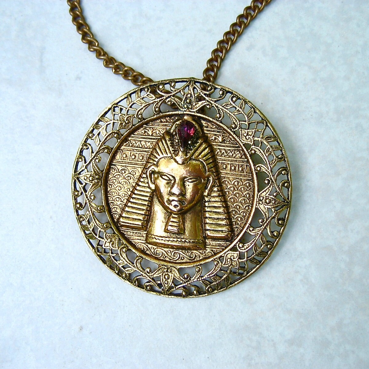 Vintage Egyptian Necklace Pharaoh Purple Rhinestone Gold Tone Filigree ...