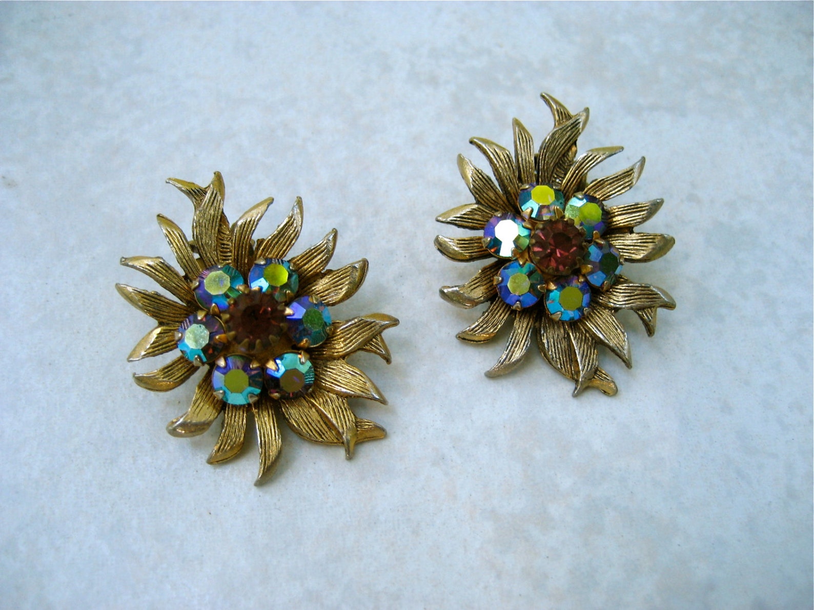 Vintage Selini Rhinestone Set Brooch Earrings Purple Navette AB Floral ...